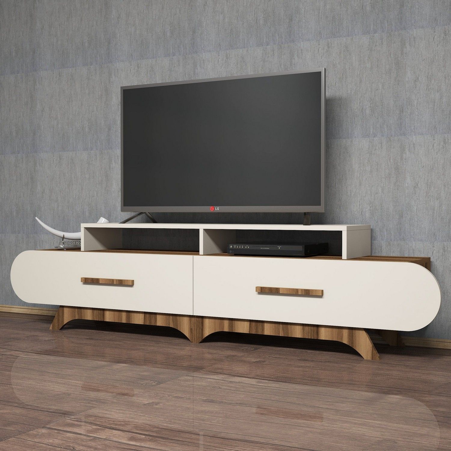 Meuble TV façade ovale Ellipsis 205cm Panneau Bois Naturel Blanc créme ...