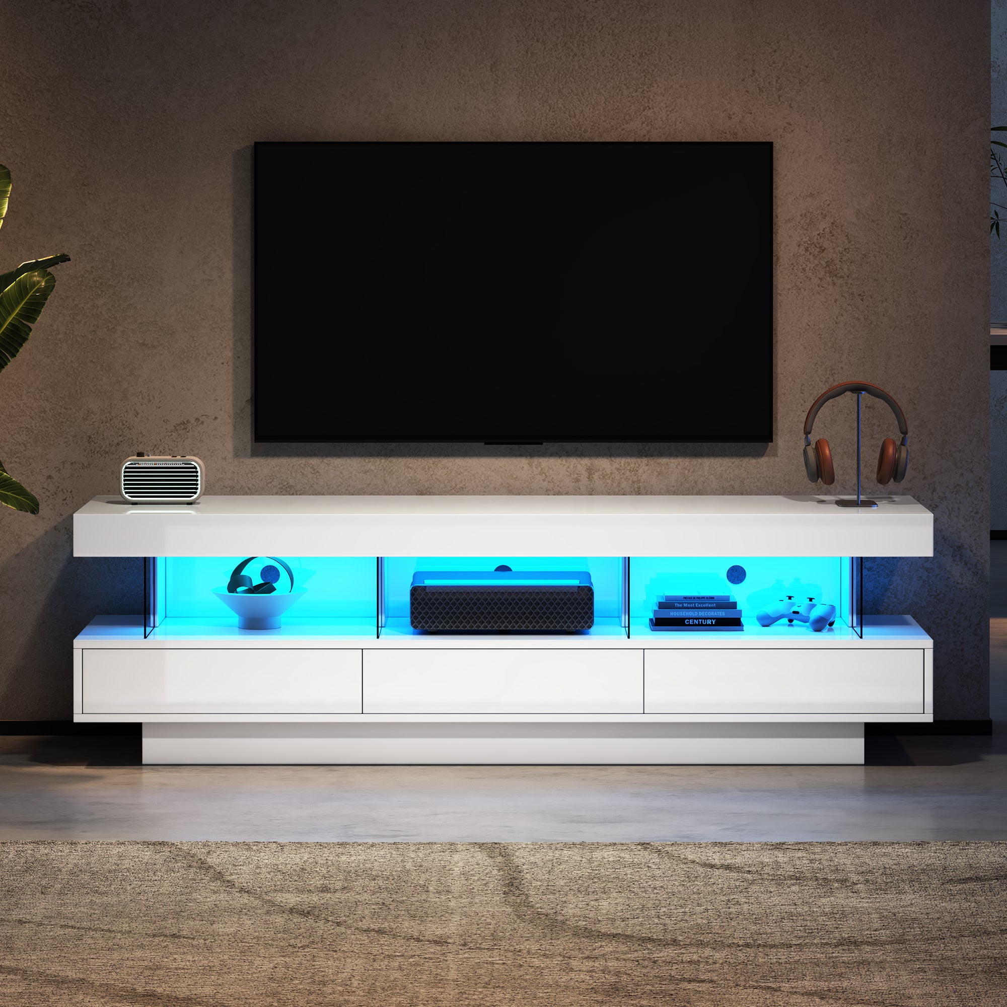 Meuble TV 160cm avec LED - 3 compartiments en verre - contrôlé par APP ...