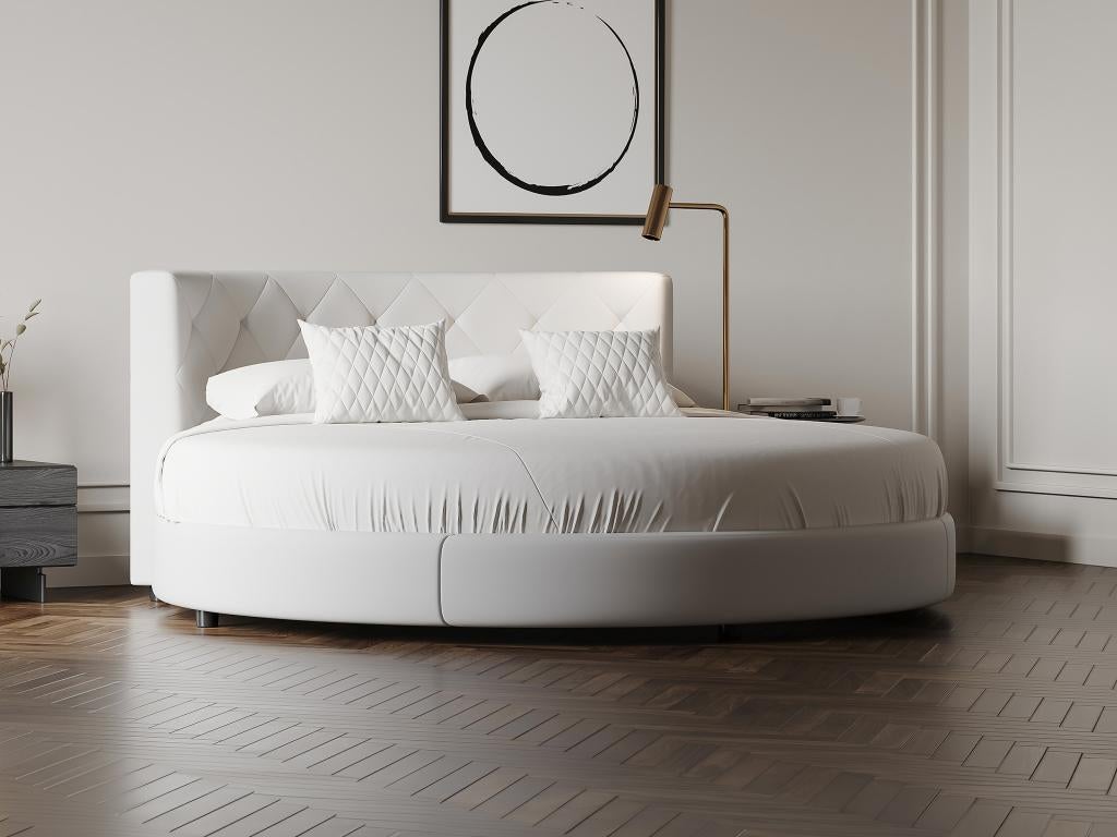 Lit rond 220 x 220 cm avec tête de lit capitonnée - Simili - Blanc ...