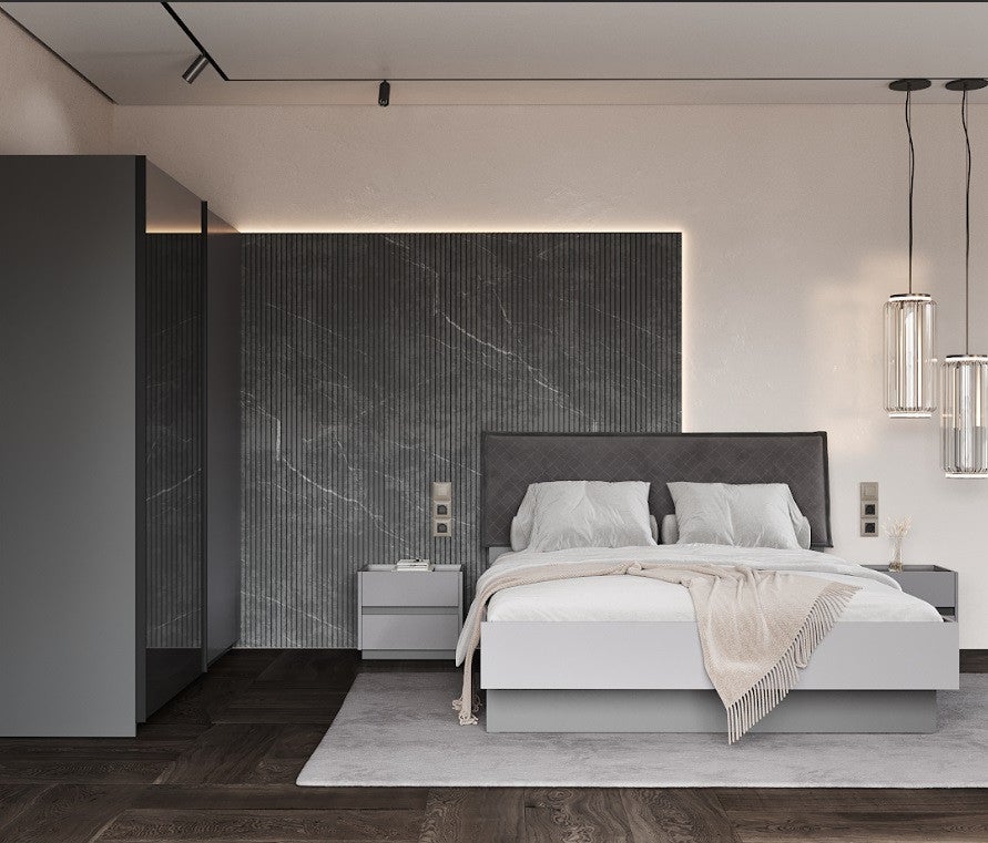 Chambre complète TEO lit + 2 chevets + commode anthracite | Leroy Merlin