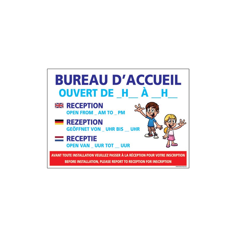 PANNEAU HORAIRES BUREAU D'ACCUEIL (H0294) 300 x 210 mm Matière PVC ...