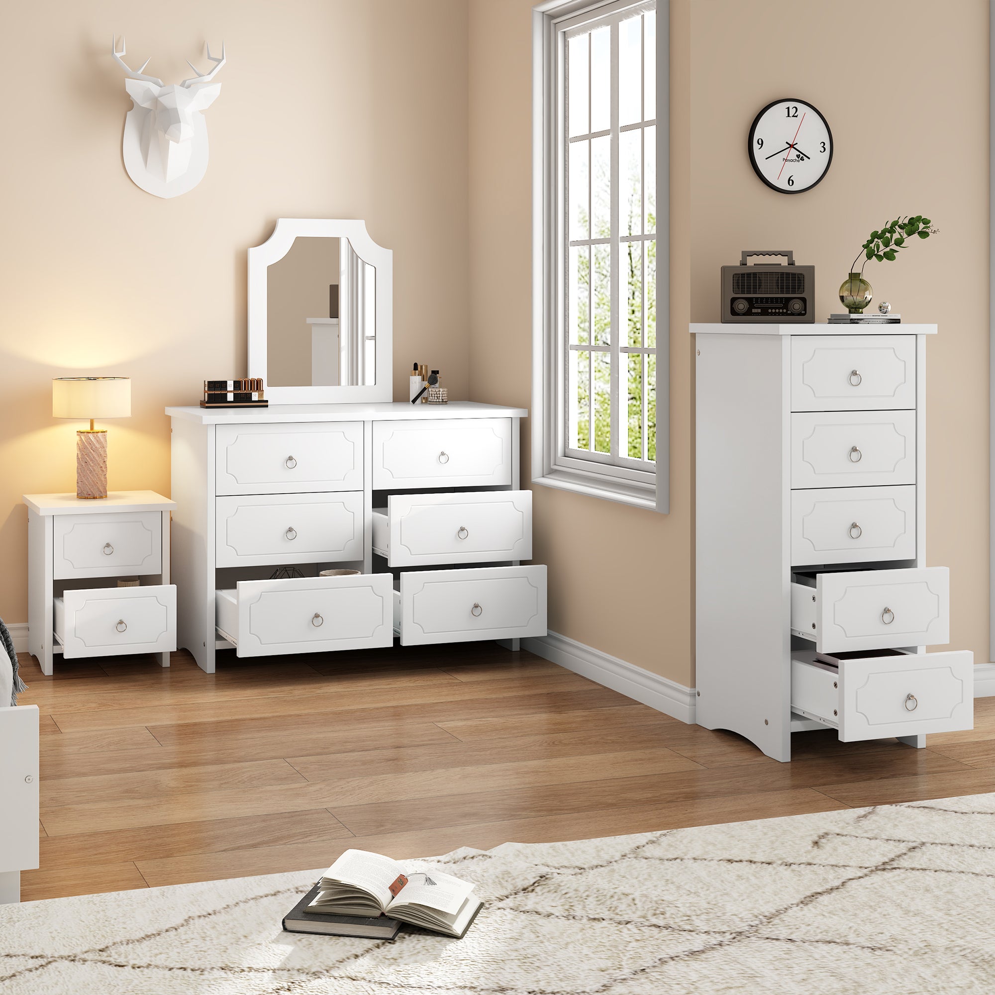 Commode,Trio de rangement complet, table de chevet, armoires avec 5 ...