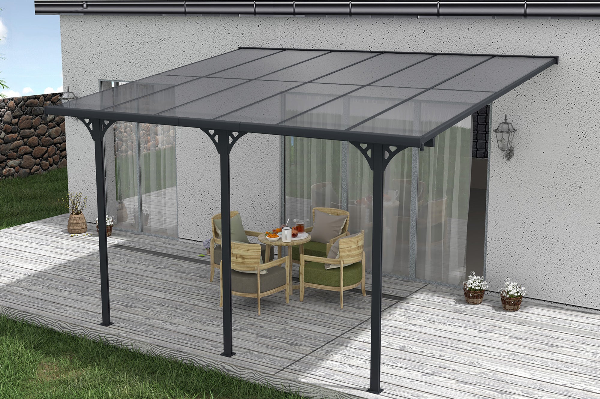 Pergola/Carport adossée 12m² KLEO 4x3 m aluminium gris | Leroy Merlin