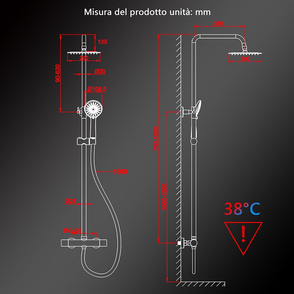 Colonne doccia nero, soffione doccia quadrato 20x20cm acciaio inox ...