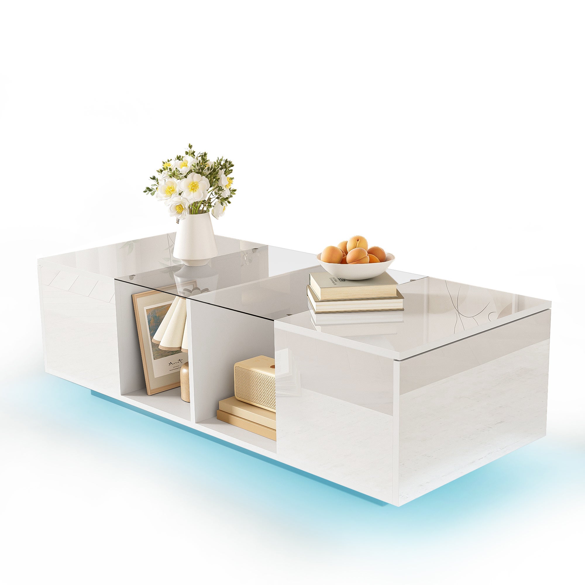 Table basse blanche LED 120x50x38,5 cm laquée rangement salon design ...