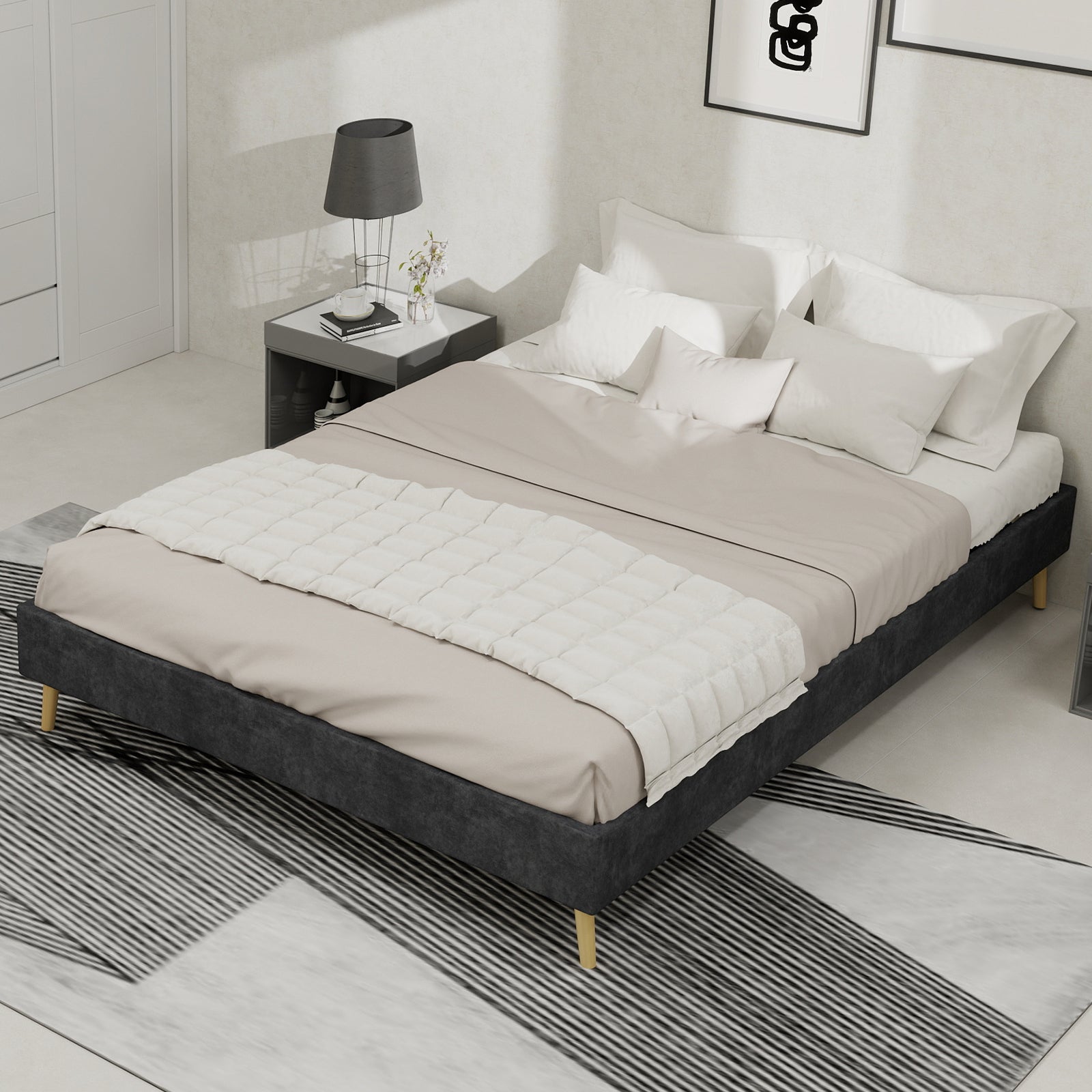 Lit double 140x200 cm, sommier bas, velours gris, sans matelas ni tête ...