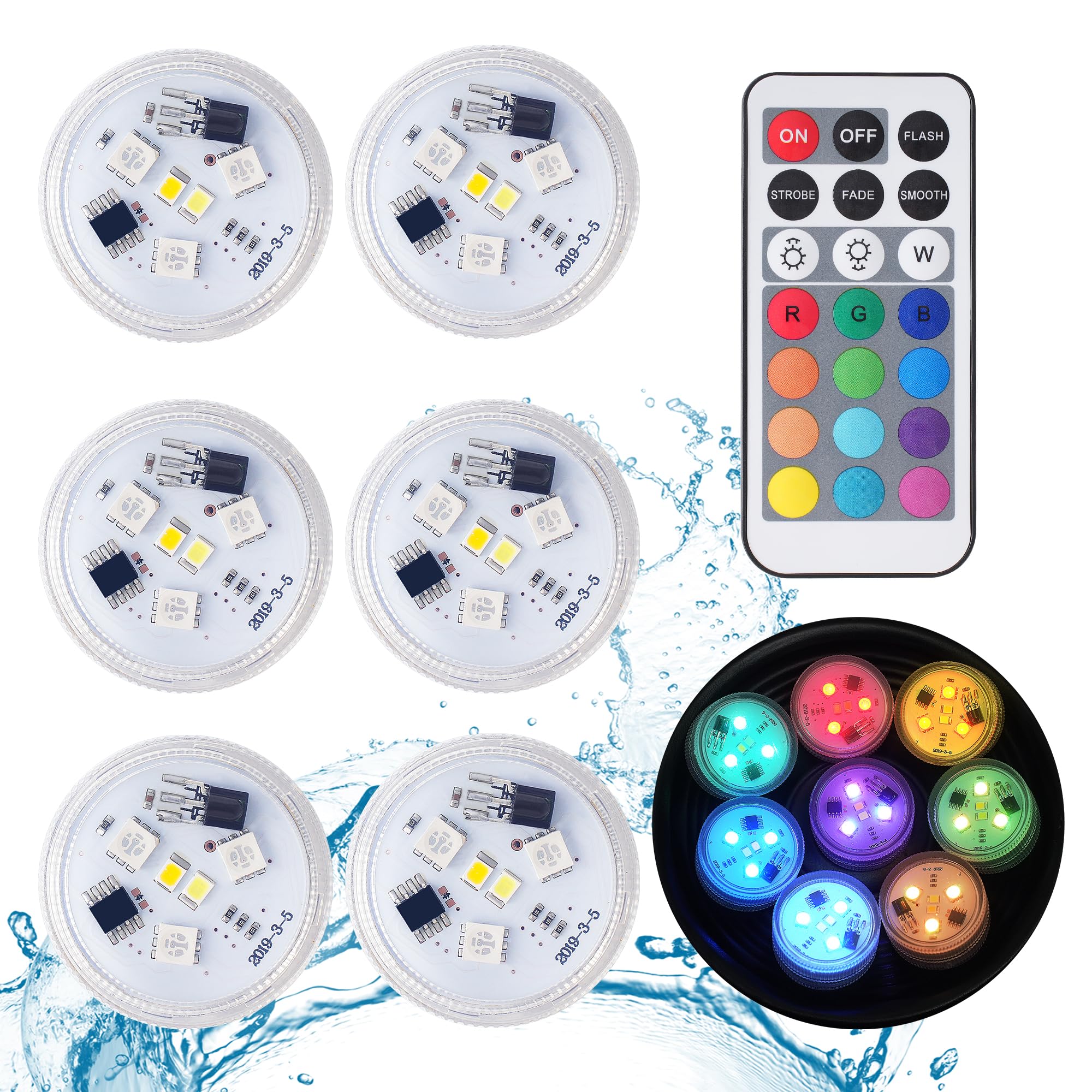 6 pcs Mini Lumières LED Submersible, Lampe sous-Marines Étanche RGB Multicolore Bougies LED ...