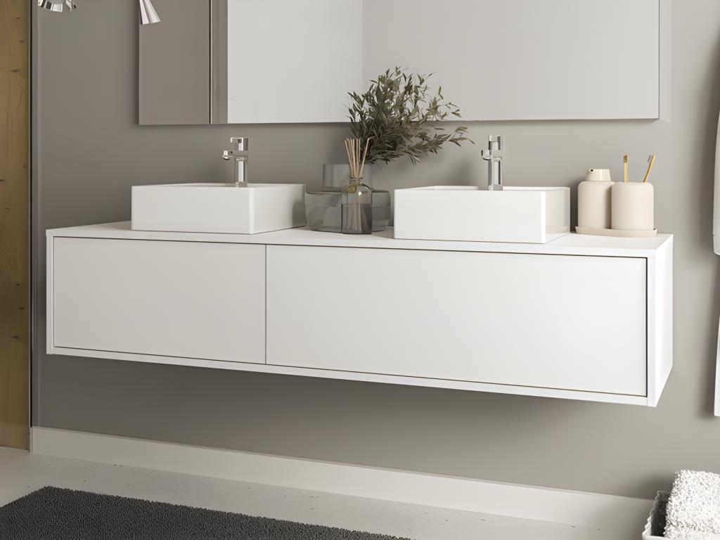 Mueble de baño flotante blanco con doble lavabo - L150 cm - ISAURE II ...