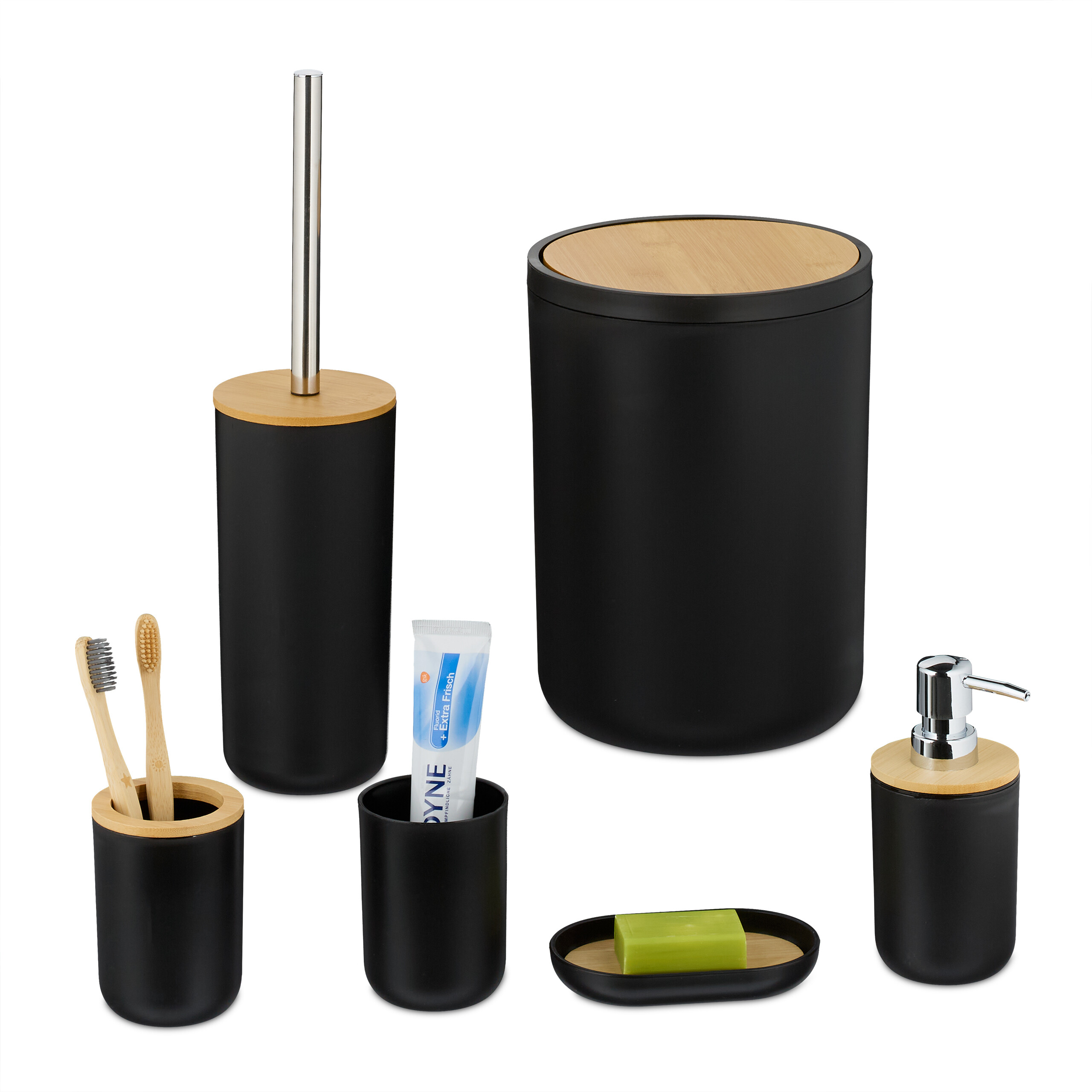 Relaxdays Set Bagno Completo, 6 Accessori, Kit WC in Plastica e Bambù ...