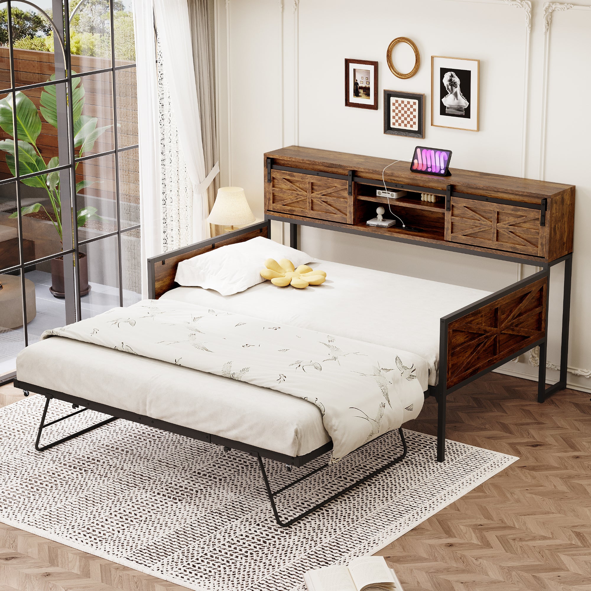 Lit Gigogne 90x200 cm , Lit Simple Extensible avec Rangement, Structure ...