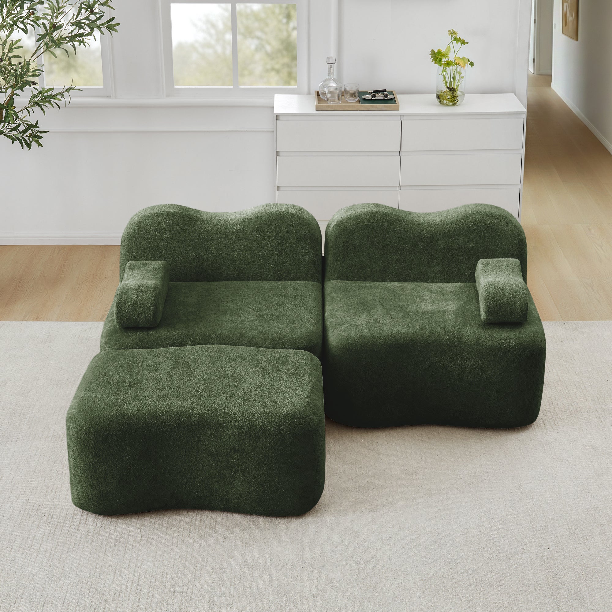 Sofá Esquinero Modular 2 Plazas con Puf, Forma Ondulada, Reposabrazos ...