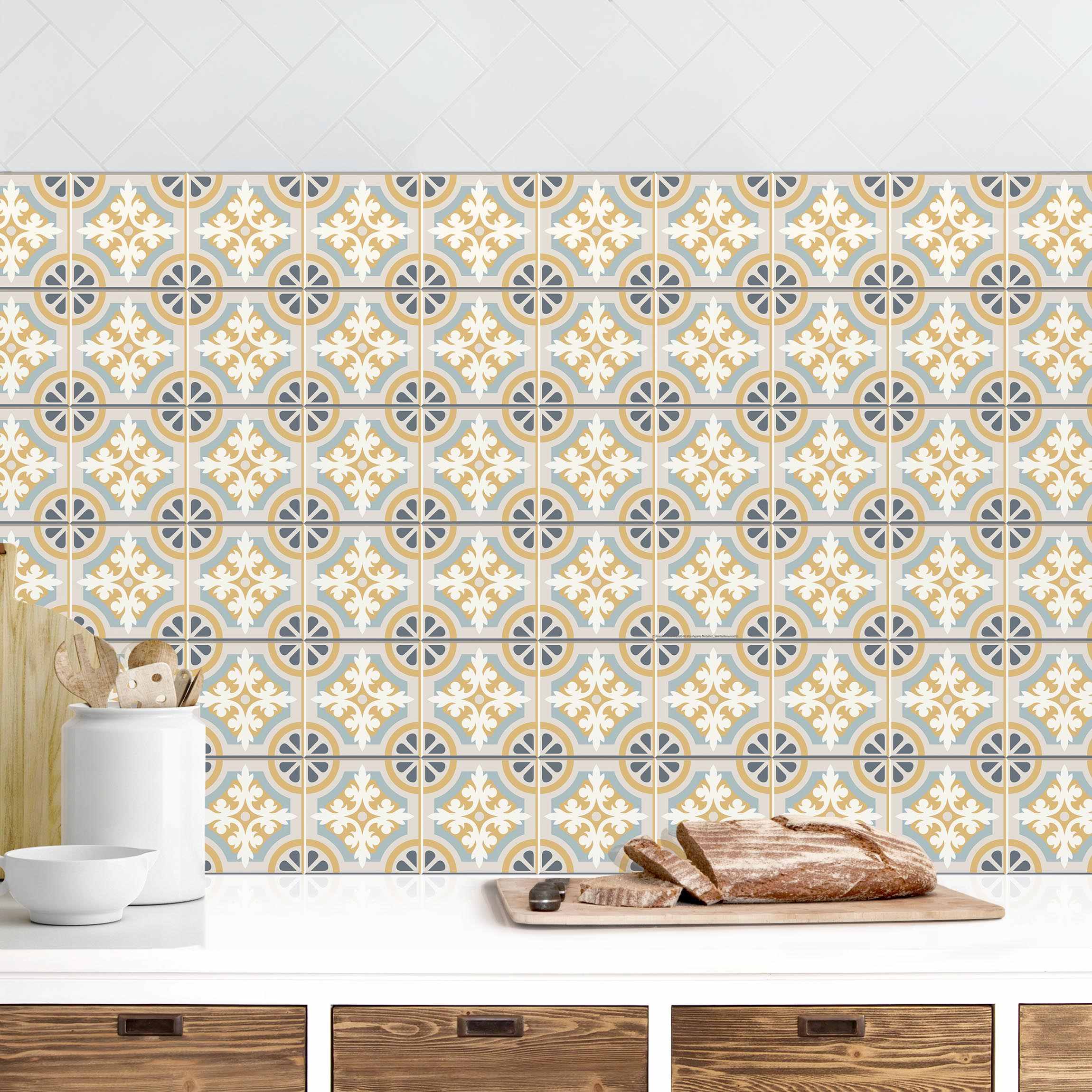 Crédence cuisine - Morrocan Tiles In Blue And Ochre II 200 x 50 cm ...