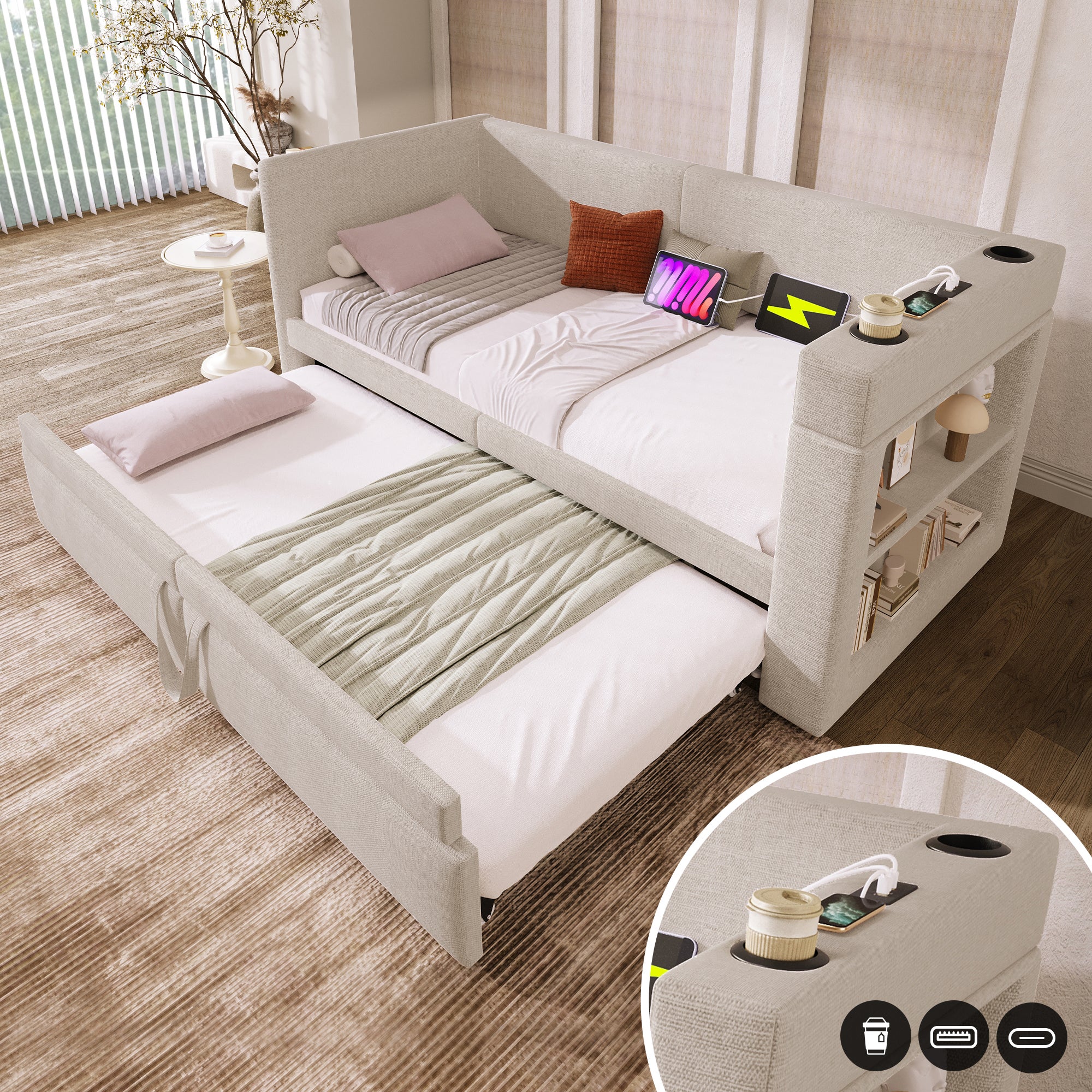 Cama nido extensible 90x200 cm con USB, Type-C, somier de listones ...