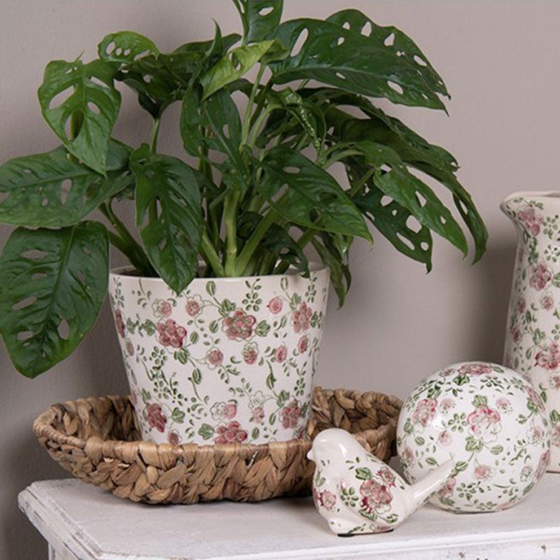 Pot motif floral rose vert céramique beige 17x17x16cm | Leroy Merlin