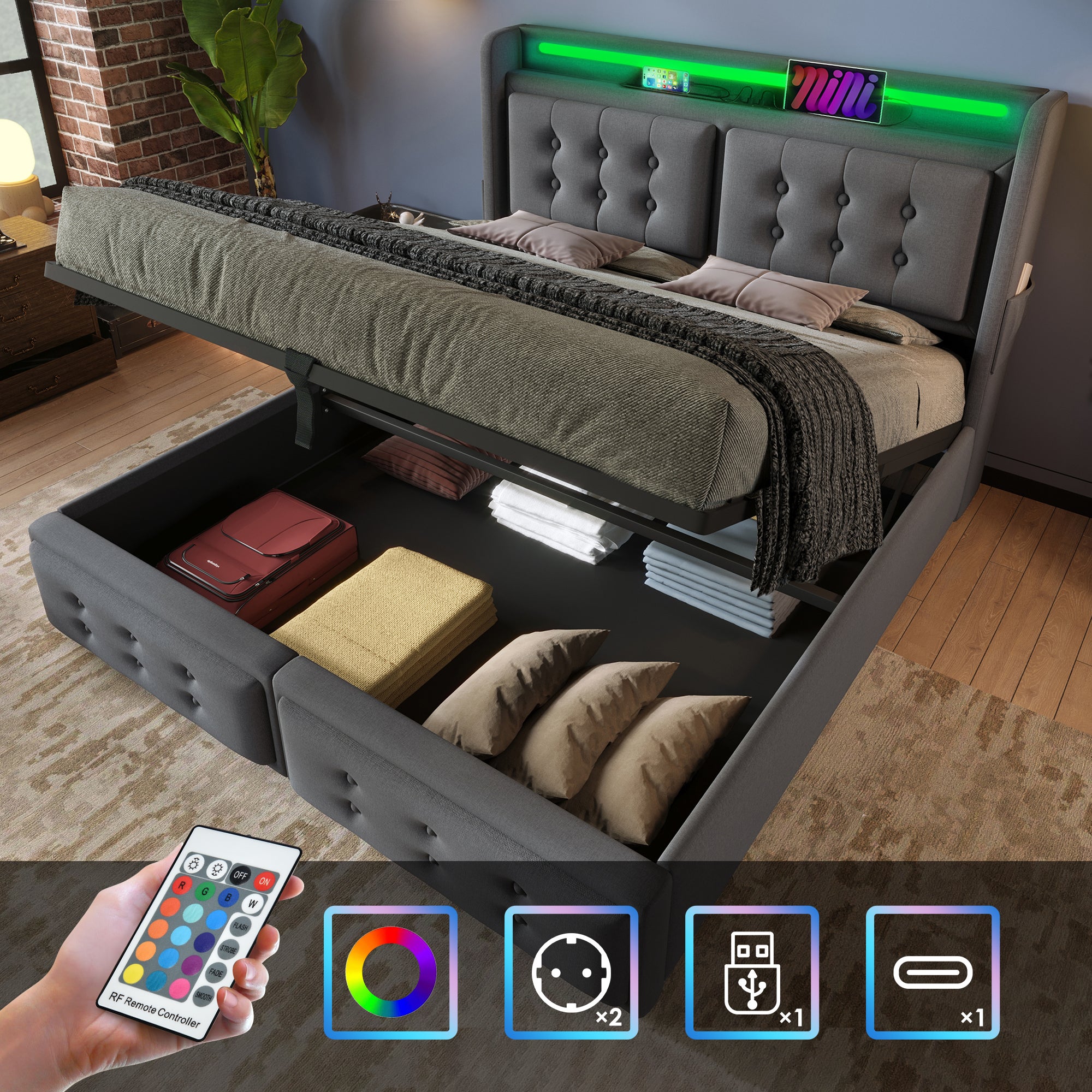 Lit coffre Lit adulte Lit double Lit 160x200 avec tête de lit LED ...