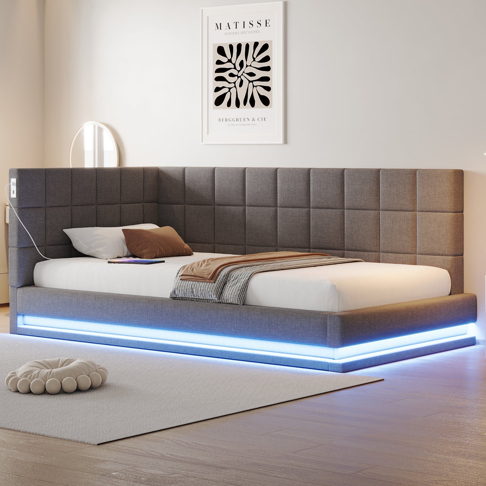 Canapé-lit rembourré 90x200cm - avec bande lumineuse LED - avec prise ...