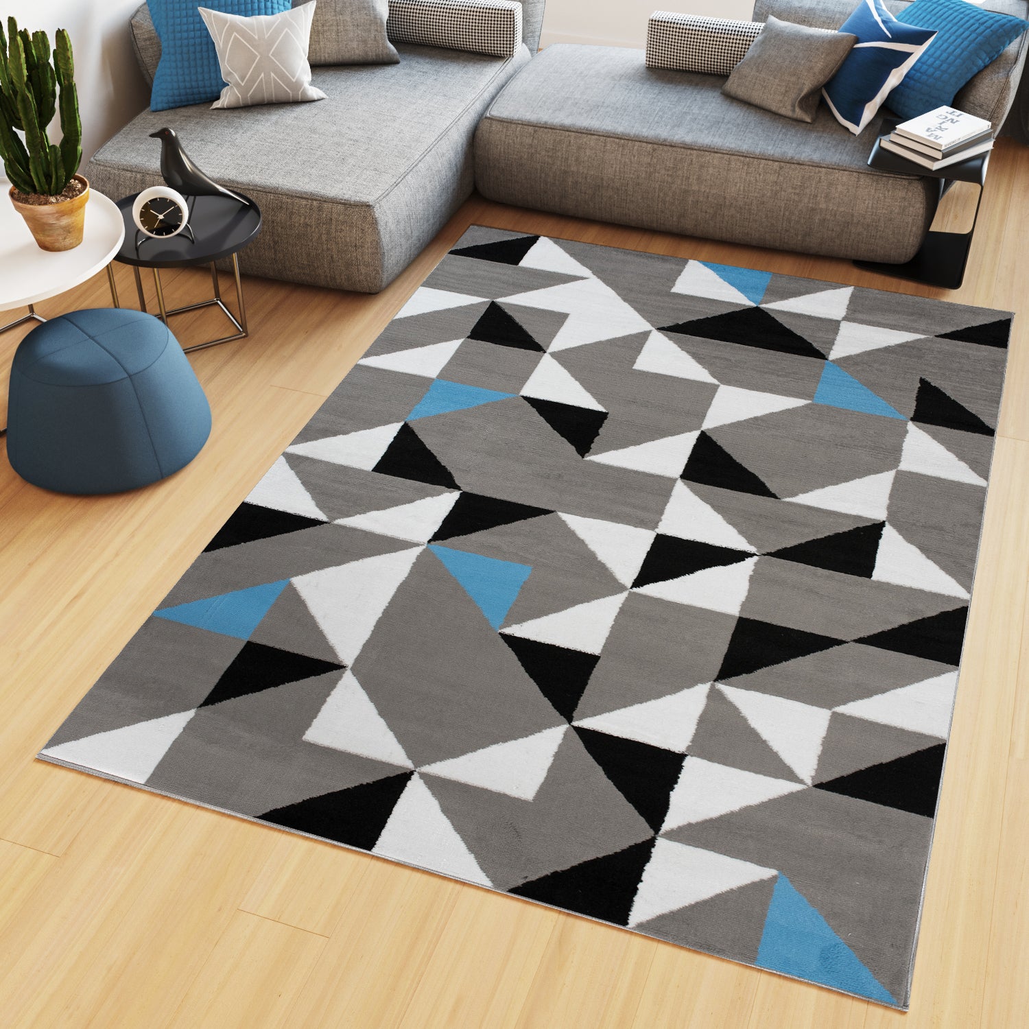 TAPISO Maya Tapis Salon Bleu Gris Blanc Noir Triangle Géométrique ...