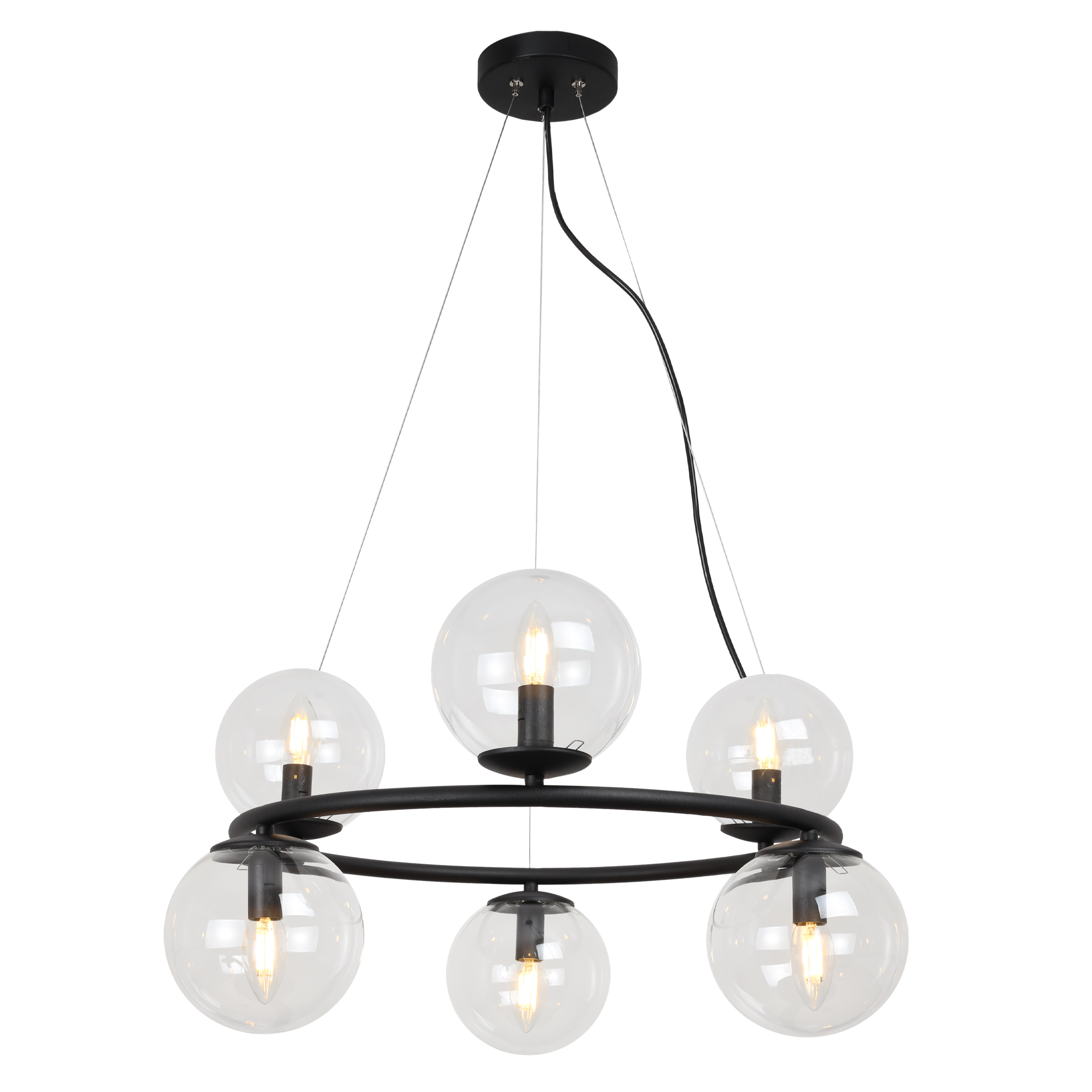 Suspension moderne Aura noire, abat-jour boule transparent 6xE14, Light ...