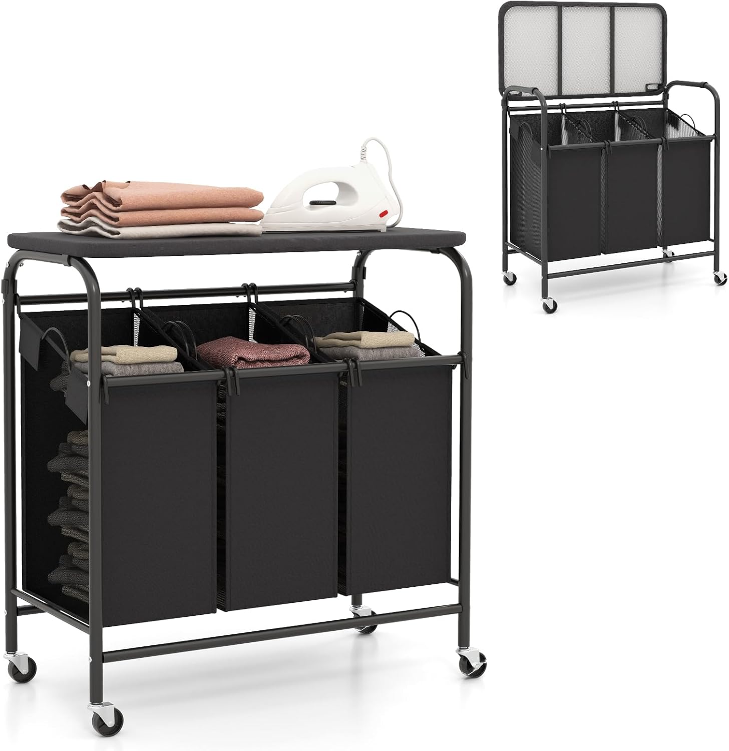 Panier a Linge 3 Compartiments, Corbeille a Linge à Roulettes 33L, 3 ...
