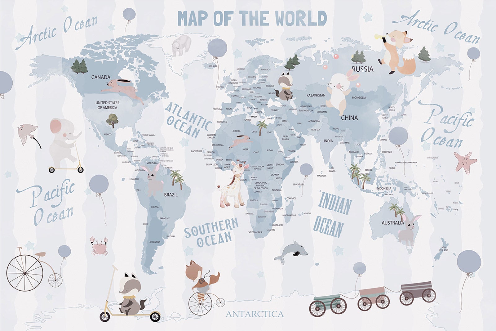 Papel pintado panorámico Niños - Mapa del Mundo - Ancho 382 cm x Altura ...