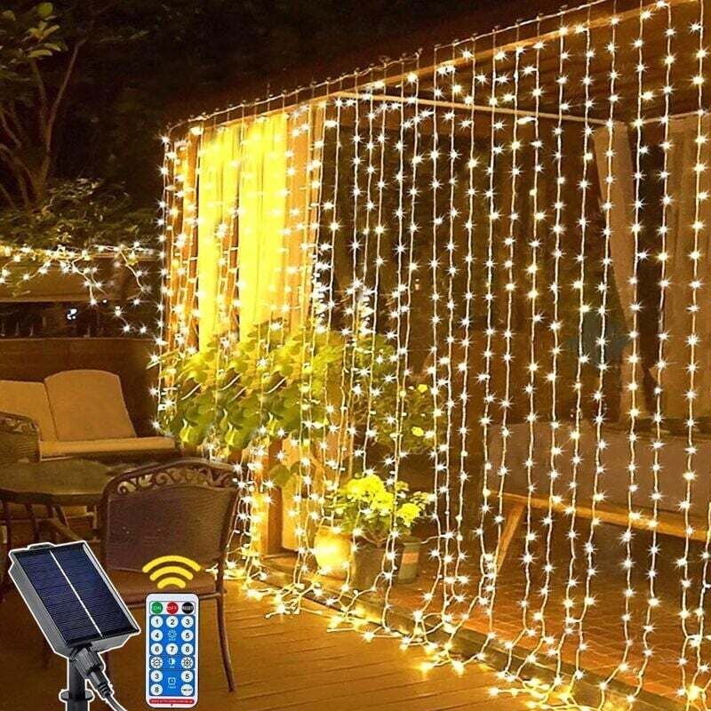 Cortina de luces solares para exteriores,3 m x 3 m,300 LED,control ...