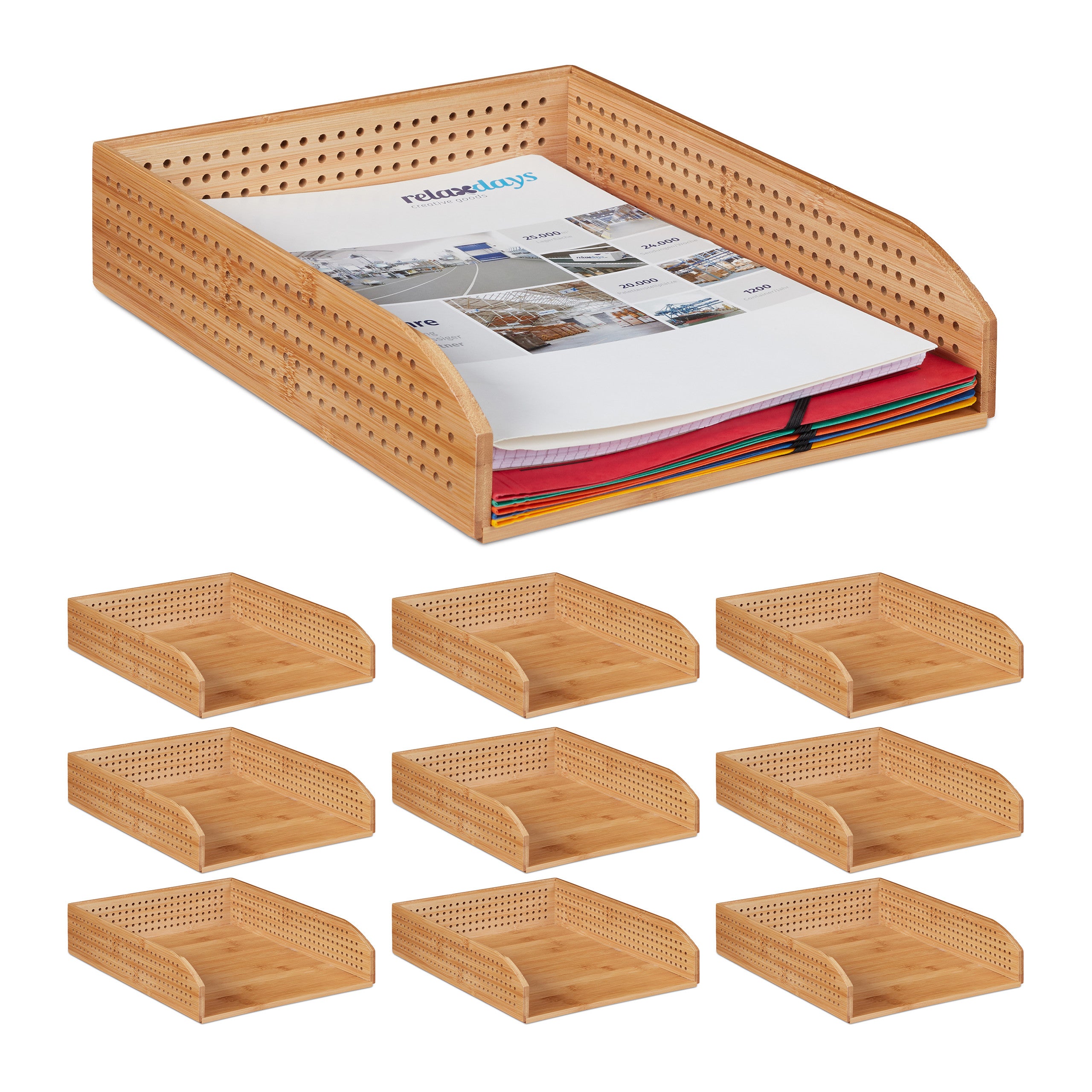 Corbeille à courrier en bambou, lot 10, perforé, empilable, A4 ...