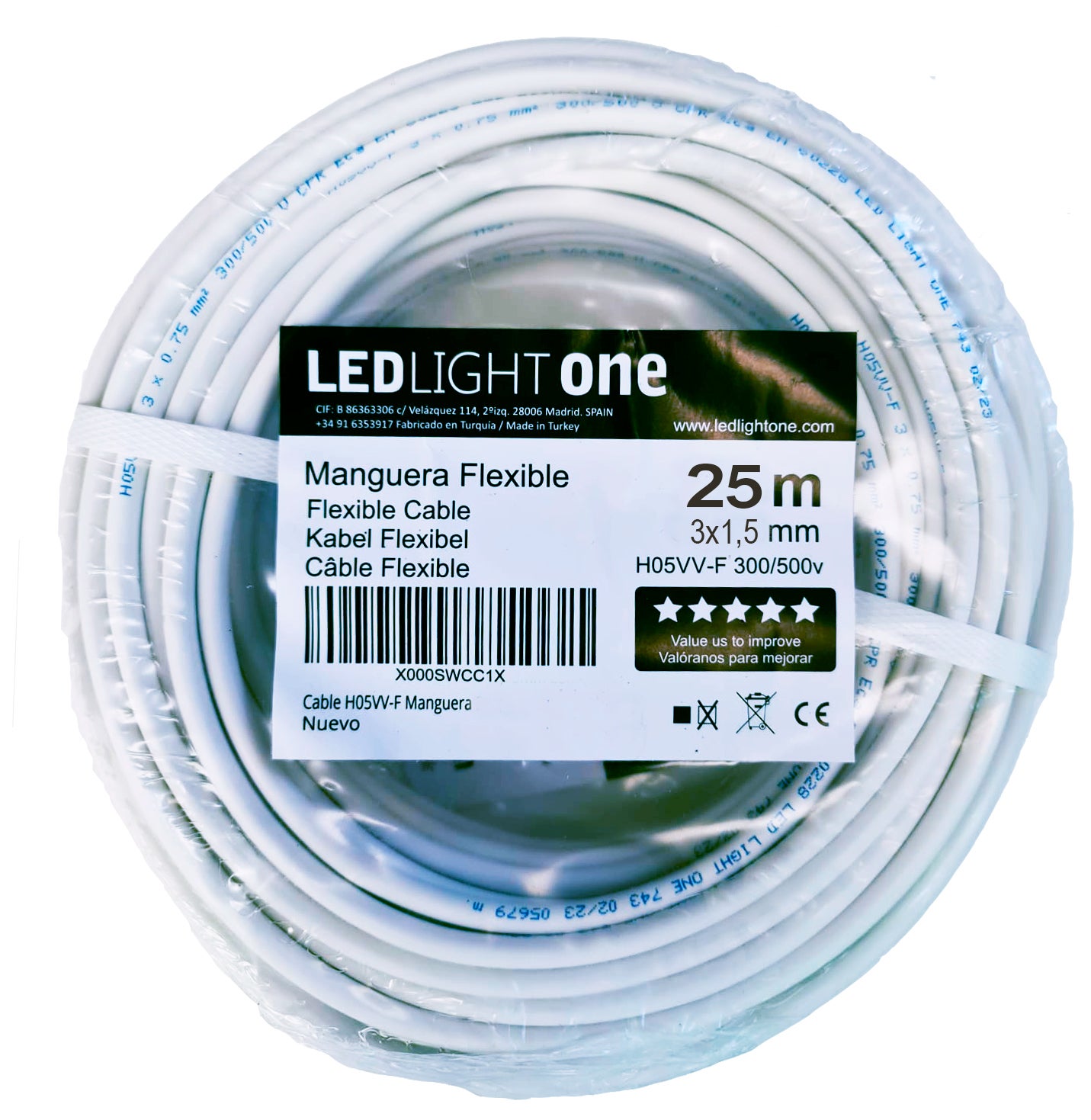 Cable Eléctrico Manguera 3x1,5mm 25m (Blanco) H05VV-F Tensión de ...