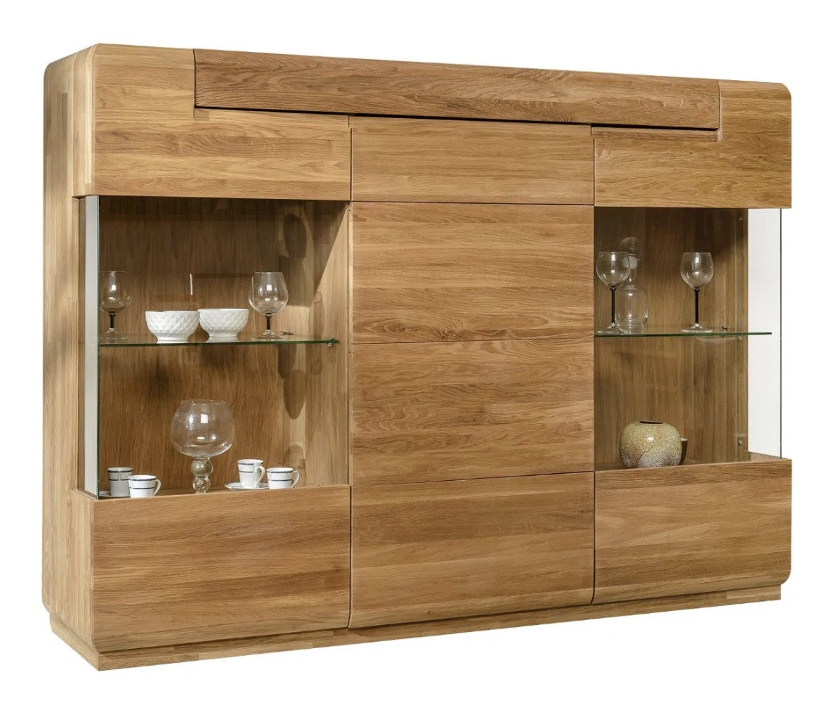 Buffet avec vitrine en bois massif de chêne miel 3 portes Divina 180cm ...