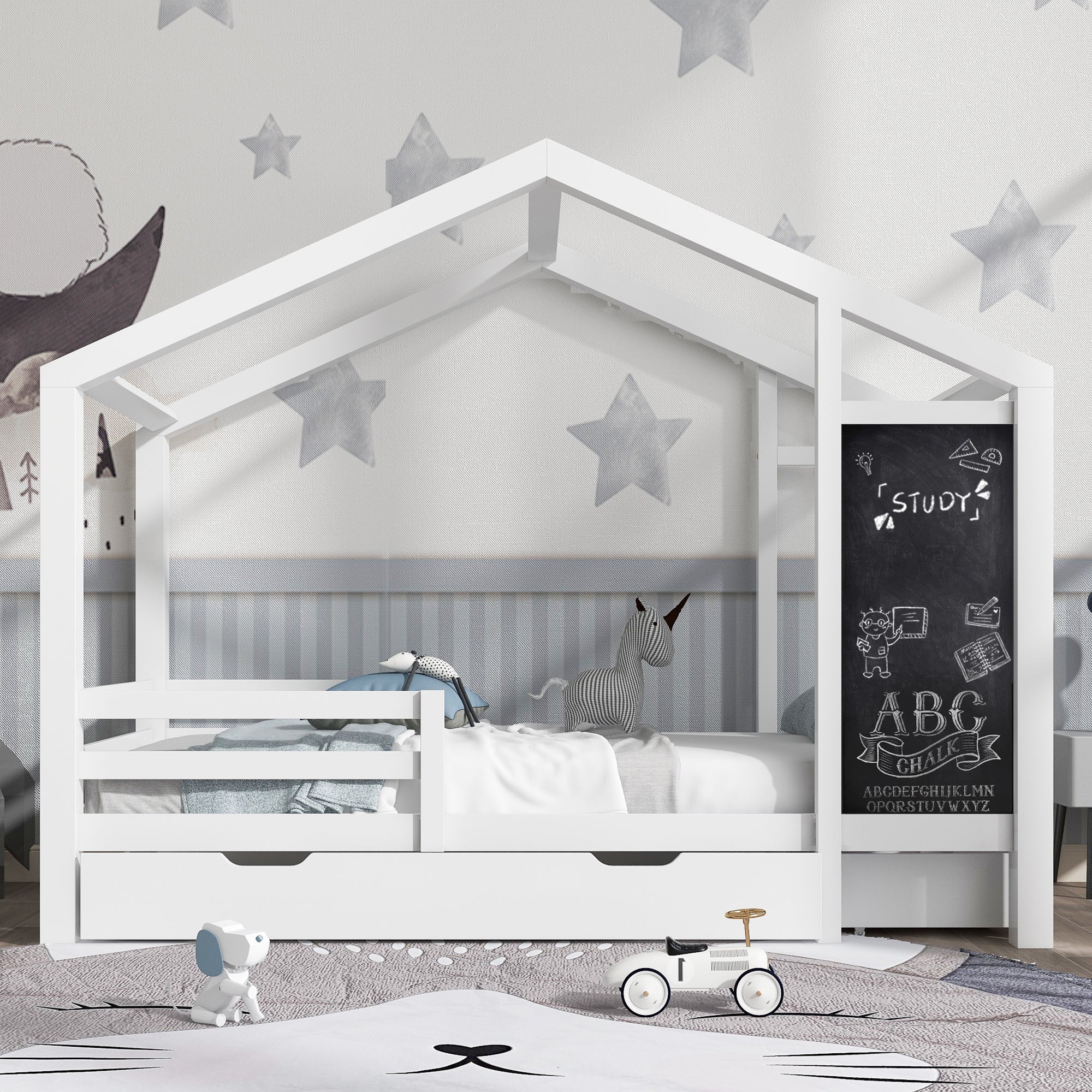 Lit enfant Lit cabane Lit de bois 90 x 200 cm avec tableau et 2 tiroirs ...