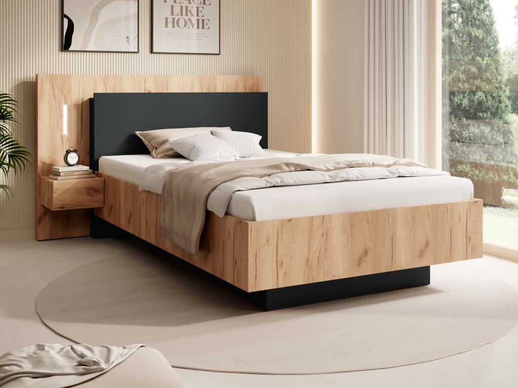 Letto con comodini 120 x 200 cm 2 cassetti Con LED Naturale e Antracite ...