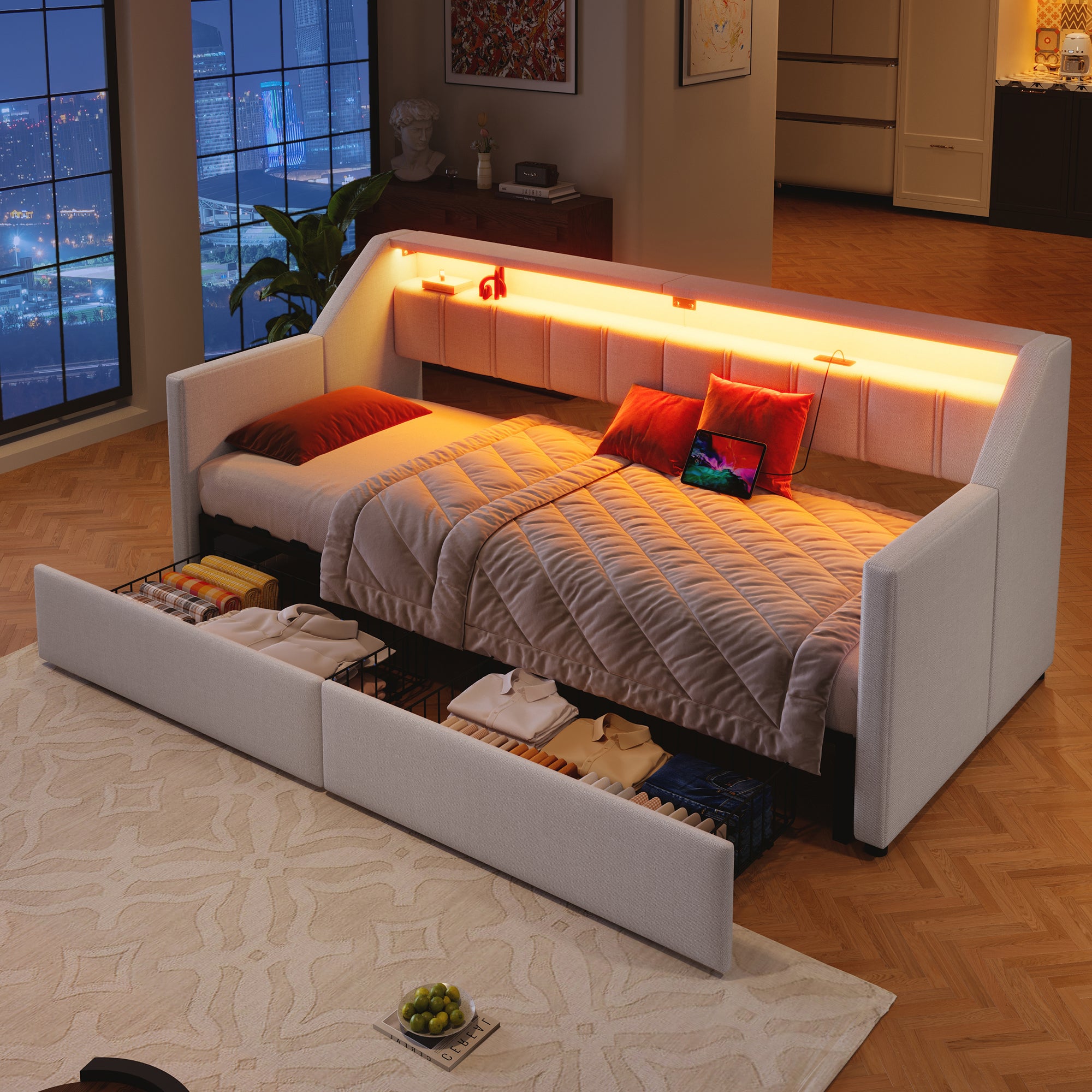 Lit Banquette Extensible 90-180x200 cm, USB/Type-C, LED, 2 Tiroirs ...