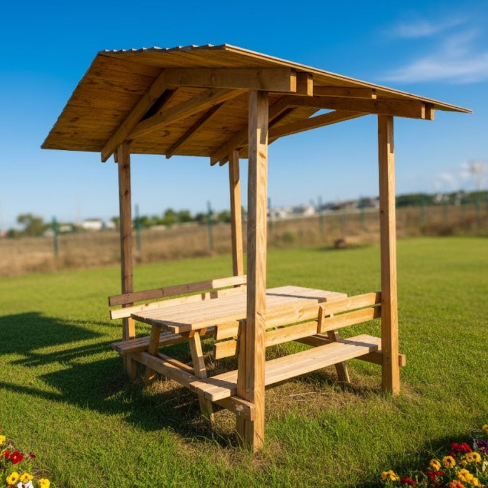 Pergola/Gazebo en Bois Massif avec Table Pique-Nique et Bancs | Leroy ...