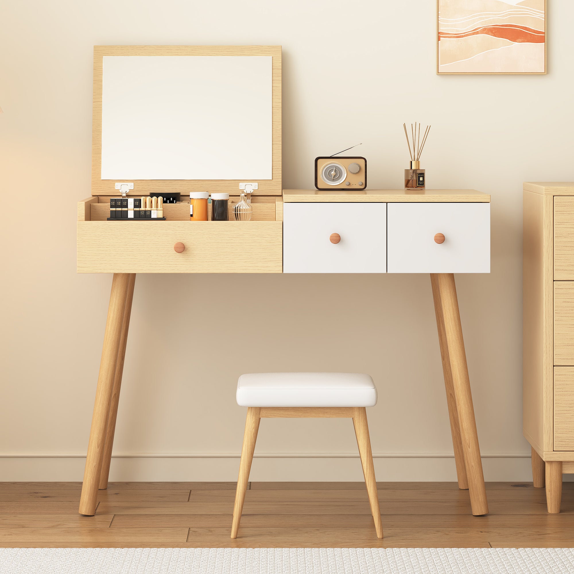 Coiffeuse avec miroir, 3 tiroirs en bois, 120x40x78 cm, sans tabouret ...