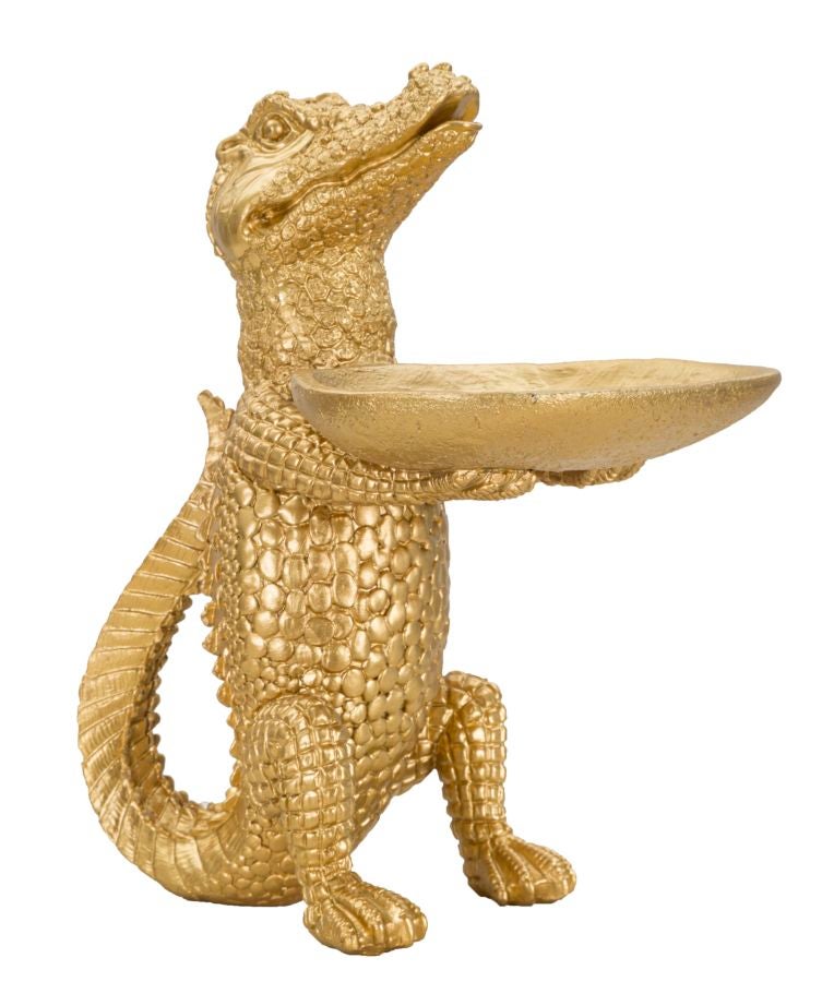 Cocodrilo Dorado con Bandeja Vacía - Estatuilla Decorativa de Resina ...