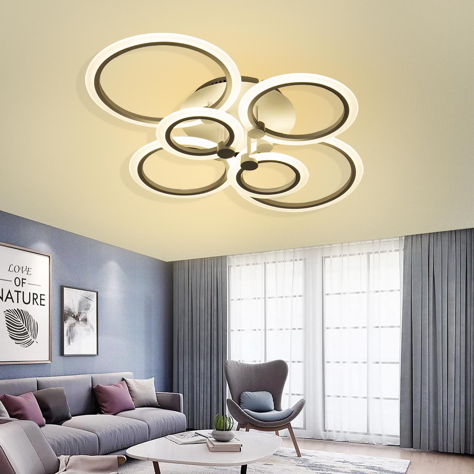 Luz de techo LED decorativa 51W luz de techo blanca moderna círculos ...