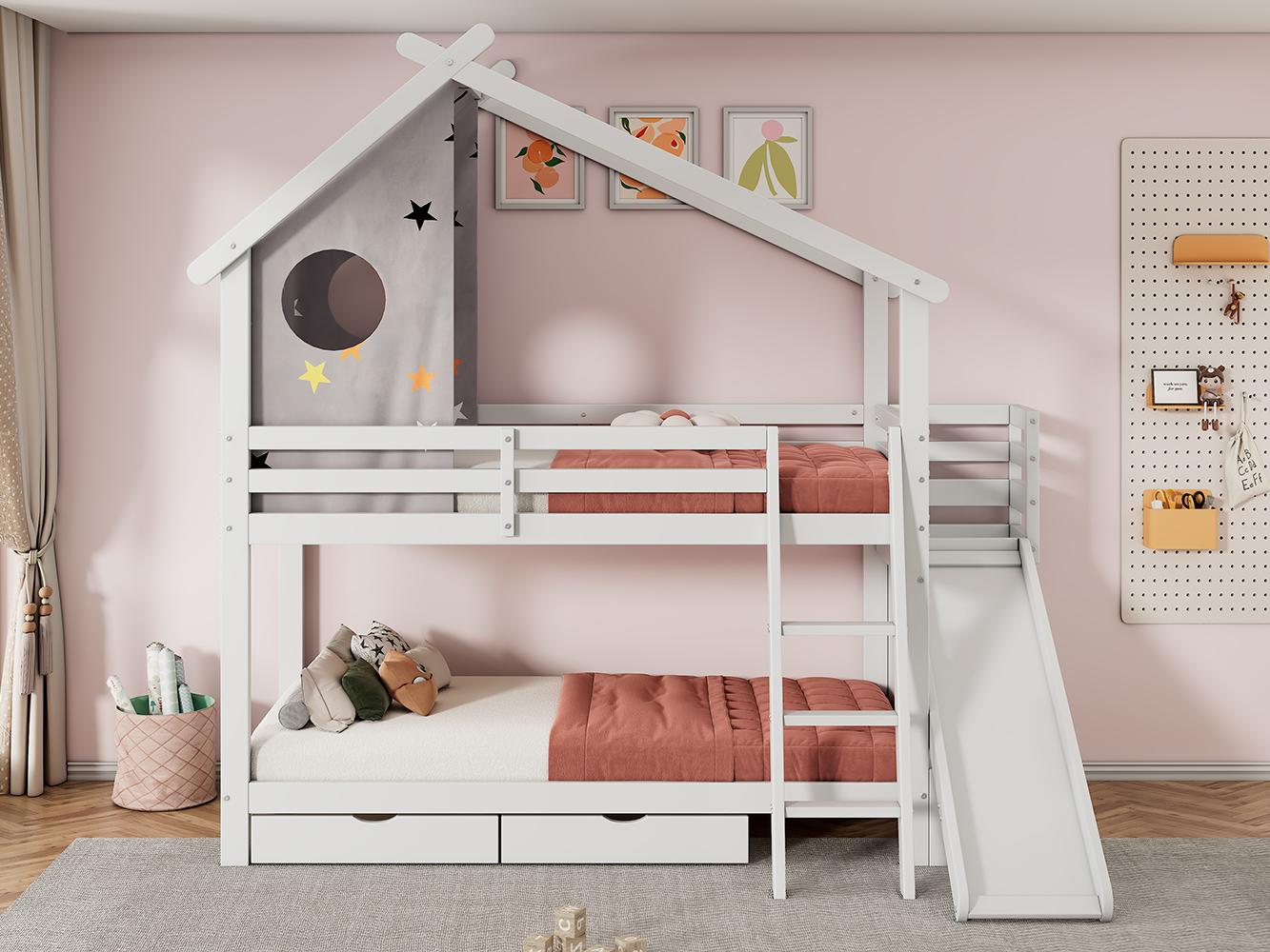 Letto a castello in legno 90x200 cm - con 2 cassetti, scala ...