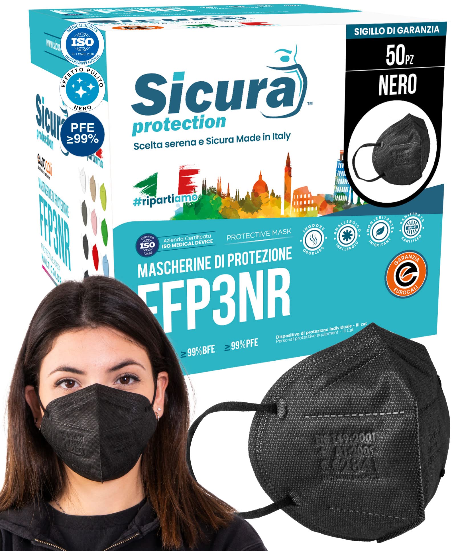 50 Mascherine FFP3 Certificate CE Nere Made in Italy e logo SICURA impresso PFE ≥99% | BFE ≥99% ...