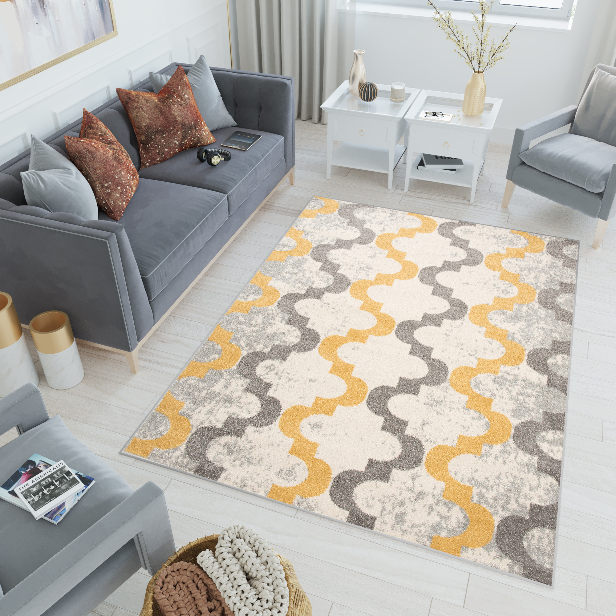 TAPISO Lazur Tapis Salon Moderne Jaune Gris Crème Marocain Doux 180x260 | Leroy Merlin