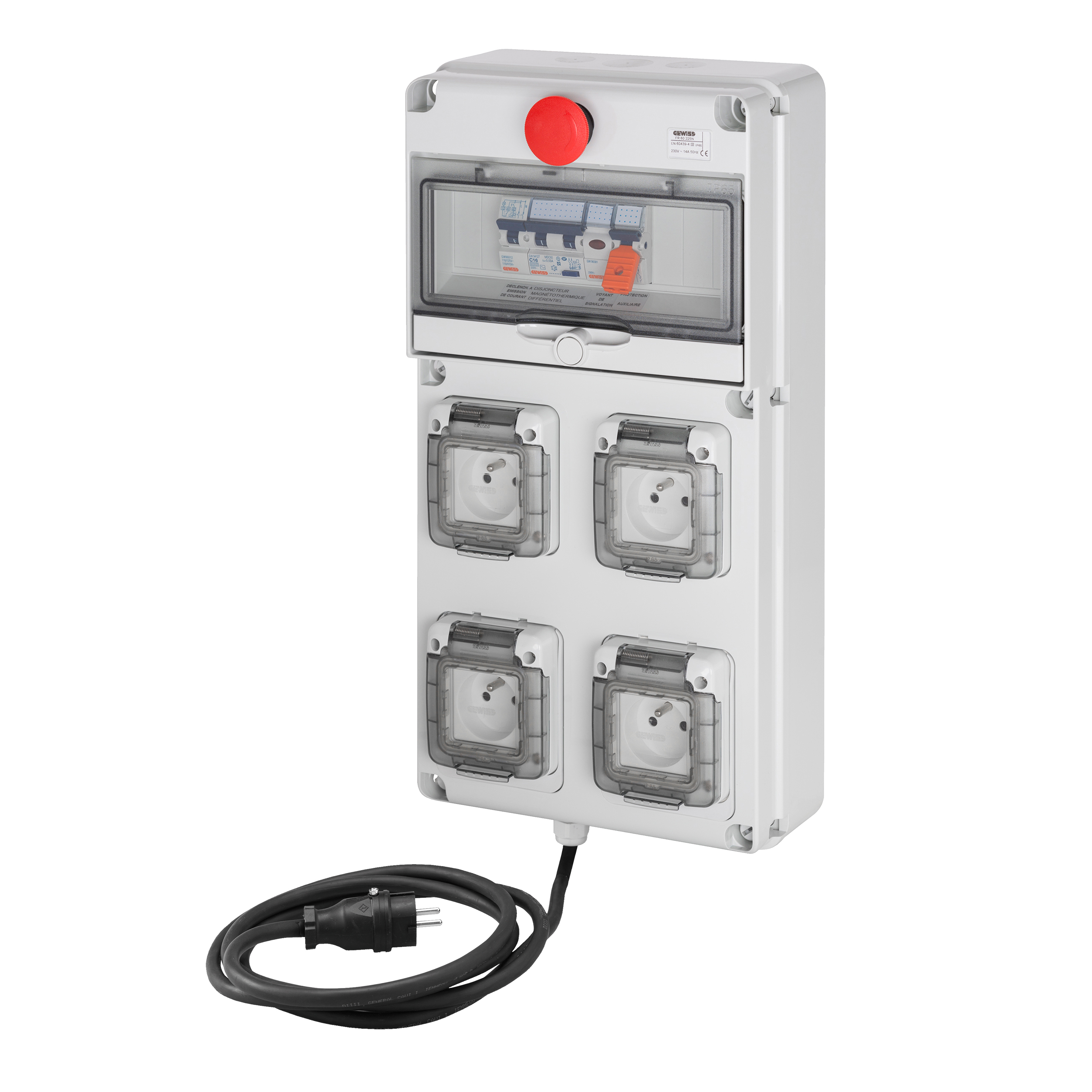 Coffret monophasé 16A, 4 prises 16A, différentiel 30mA, arrêt d’urgence, câble 3m H07 3×2,5mm² ...