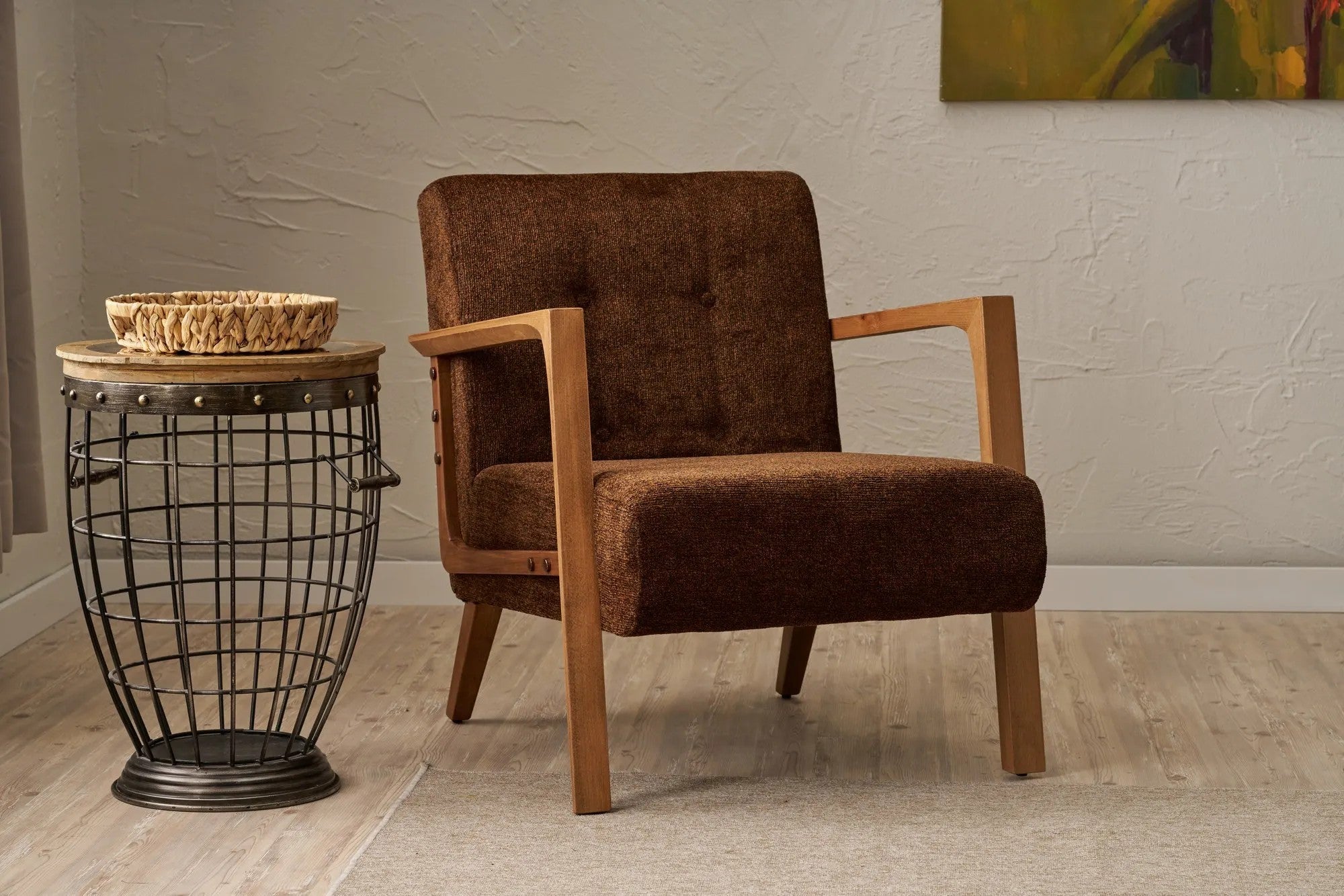 Fauteuil élégant, tissu chenille marron, structure en hêtre, 69 x 80 x ...