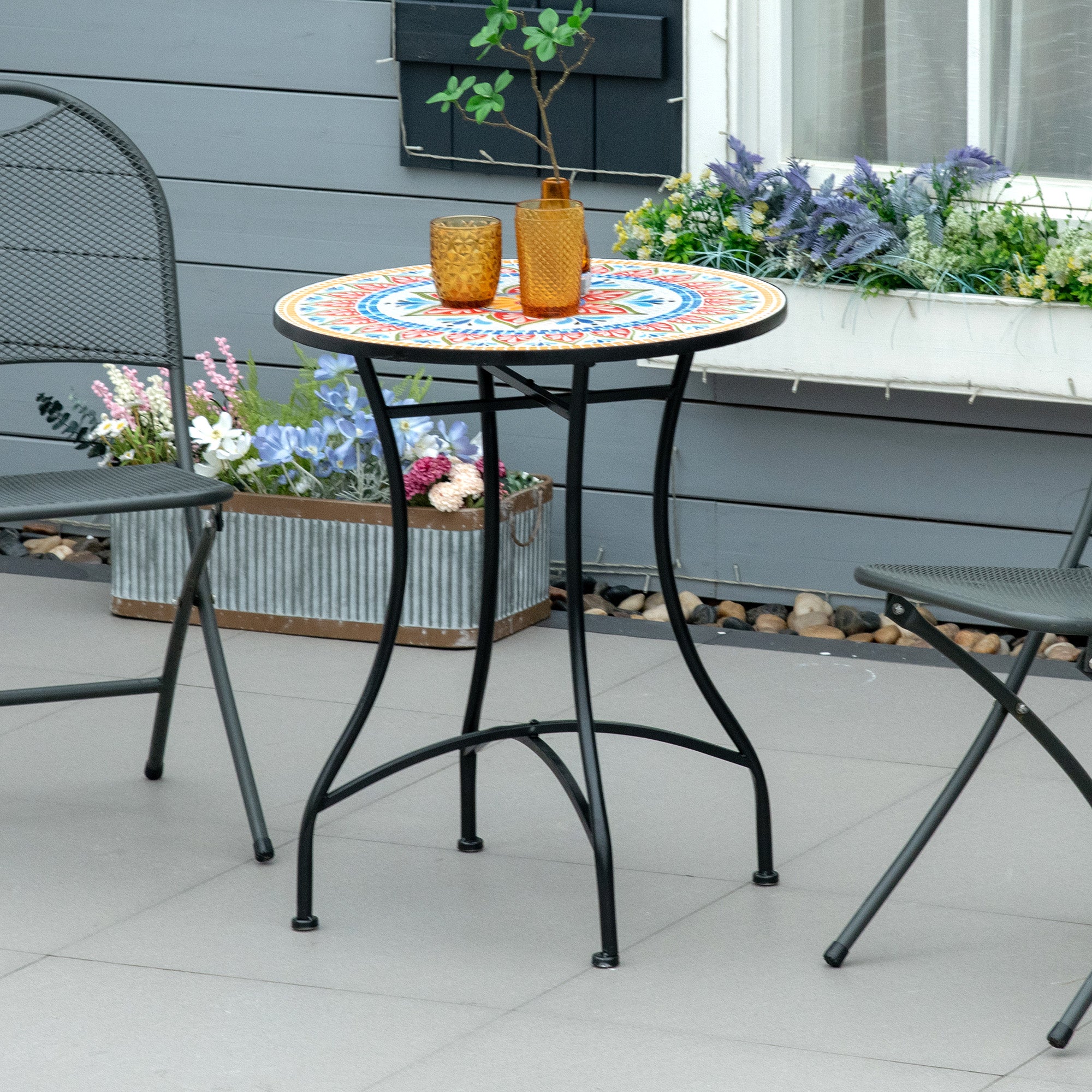 Table de Jardin Bistrot Ronde avec Plateau Mosaïque, Structure en Métal ...