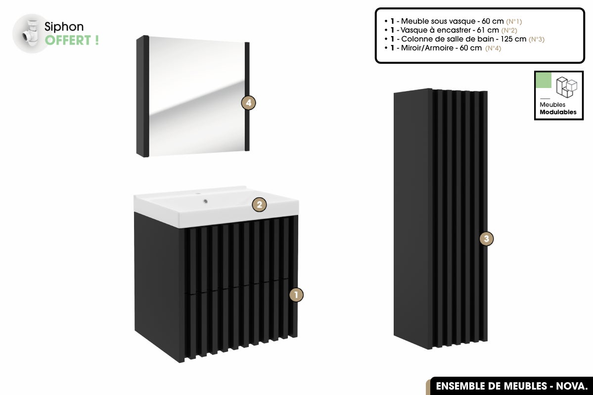 Ensemble complet de salle de bain - Meuble - Colonne - Miroir - Vasque ...