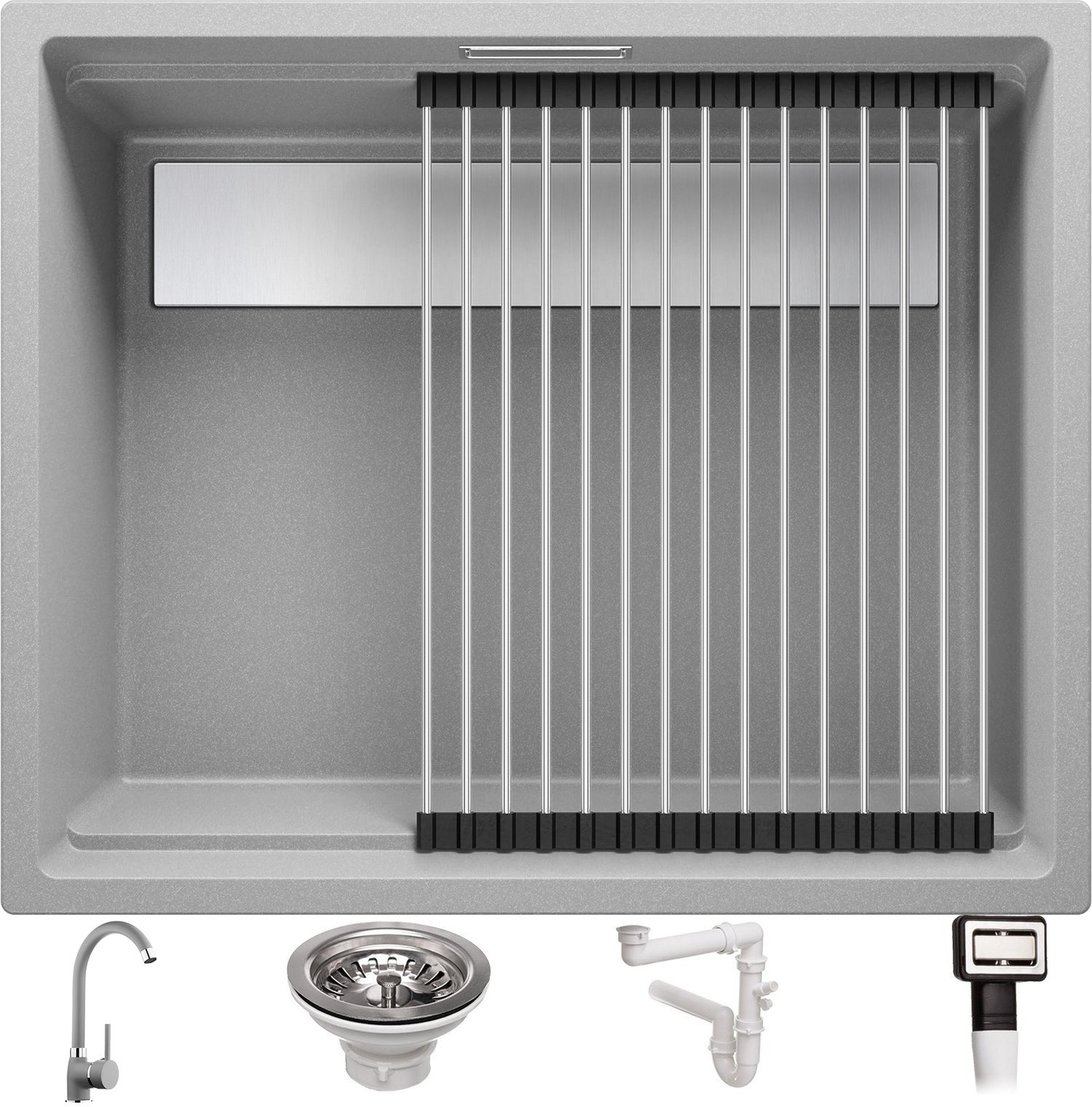 Evier Cuisine en Granit Gris 56x47cm, 1 bac + Kit de Vidage + Robinet ...
