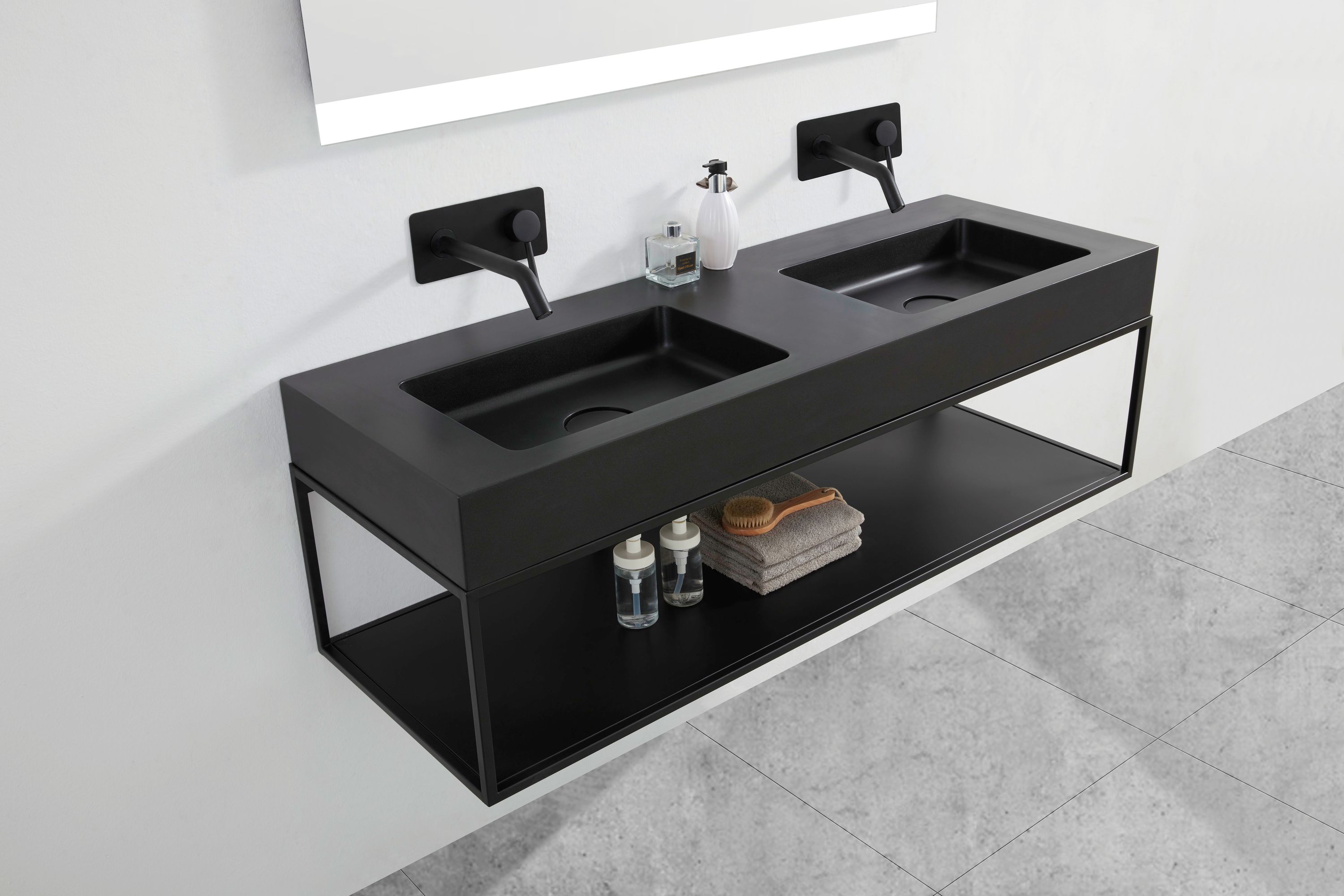 BERNSTEIN - Double Vasque murale en fonte minérale Quartz noir avec ...