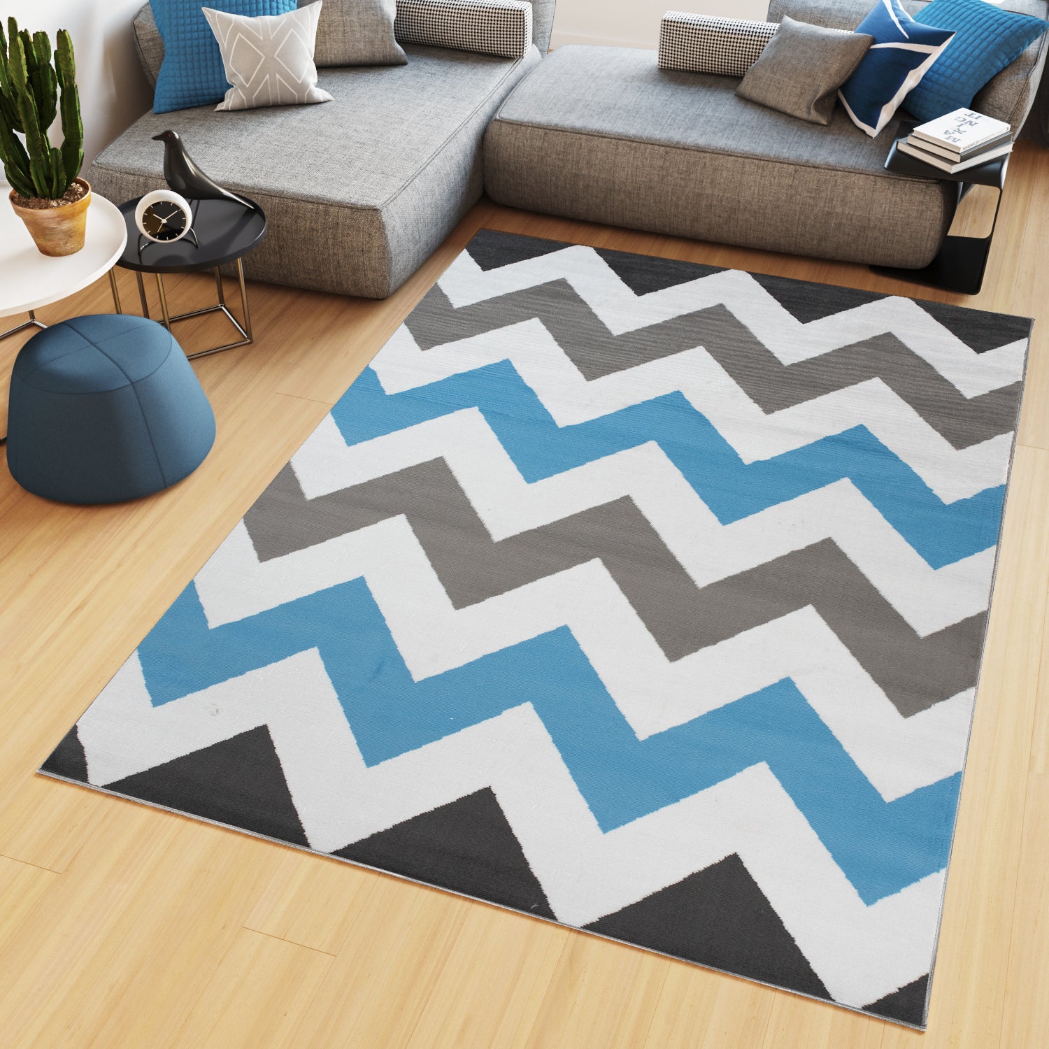 TAPISO Maya Tapis Salon Bleu Gris Blanc Noir Zigzags Géométrique Fin ...