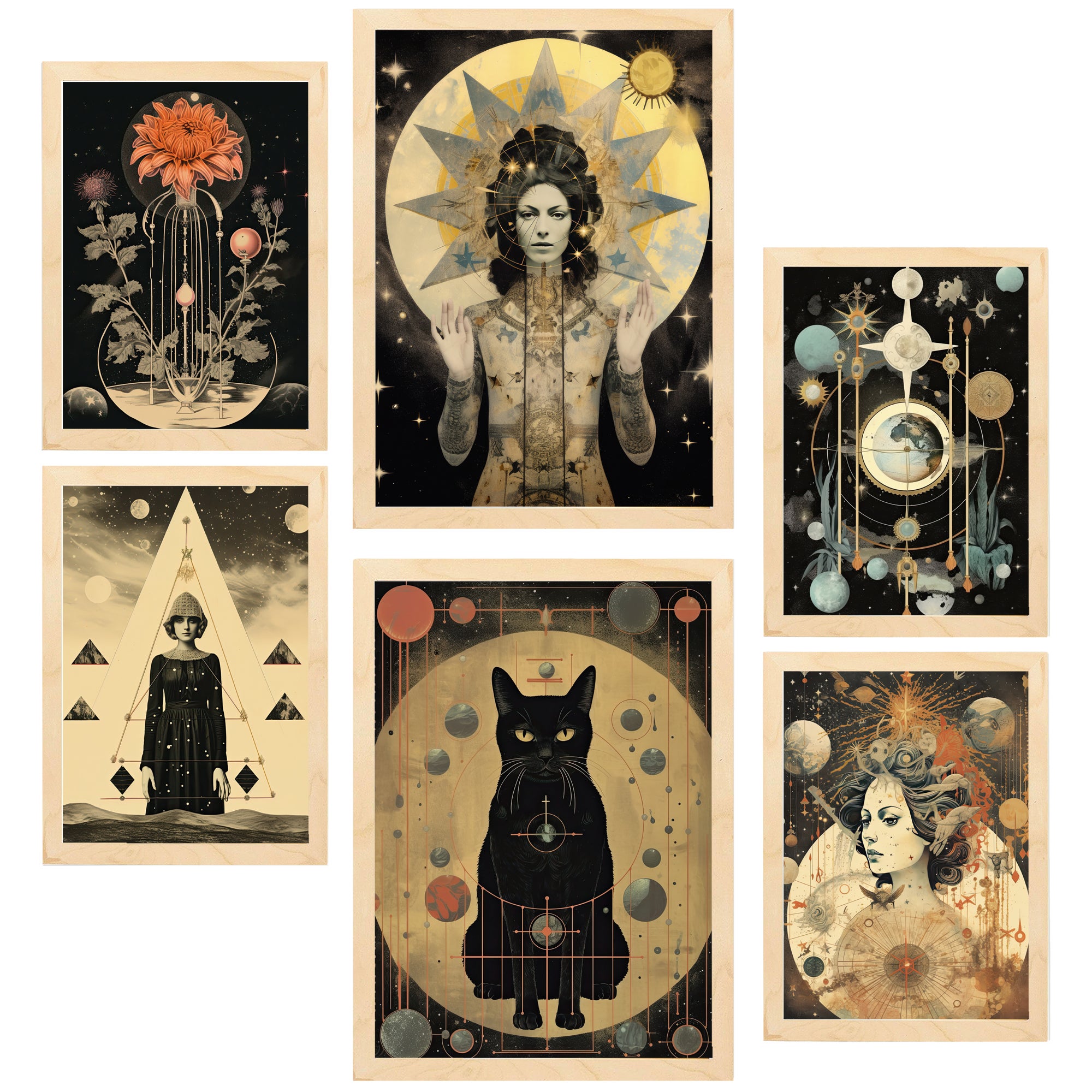 Nacnic Set De 6 Pósters Collage Surrealista Mujeres Estilo Esoterico Mistico Marco Madera Clara ...