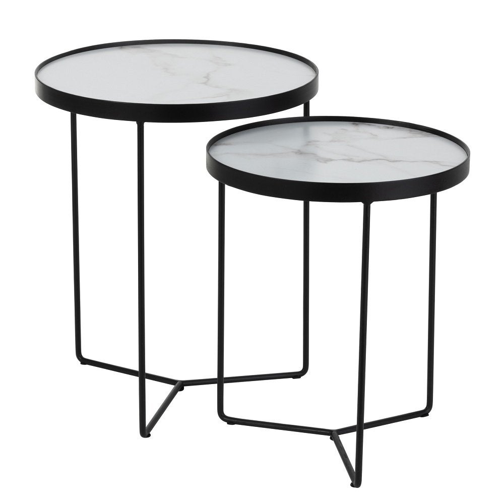 Set de 2 tables gigognes rondes BAPE en métal noir et MDF marbré blanc ...