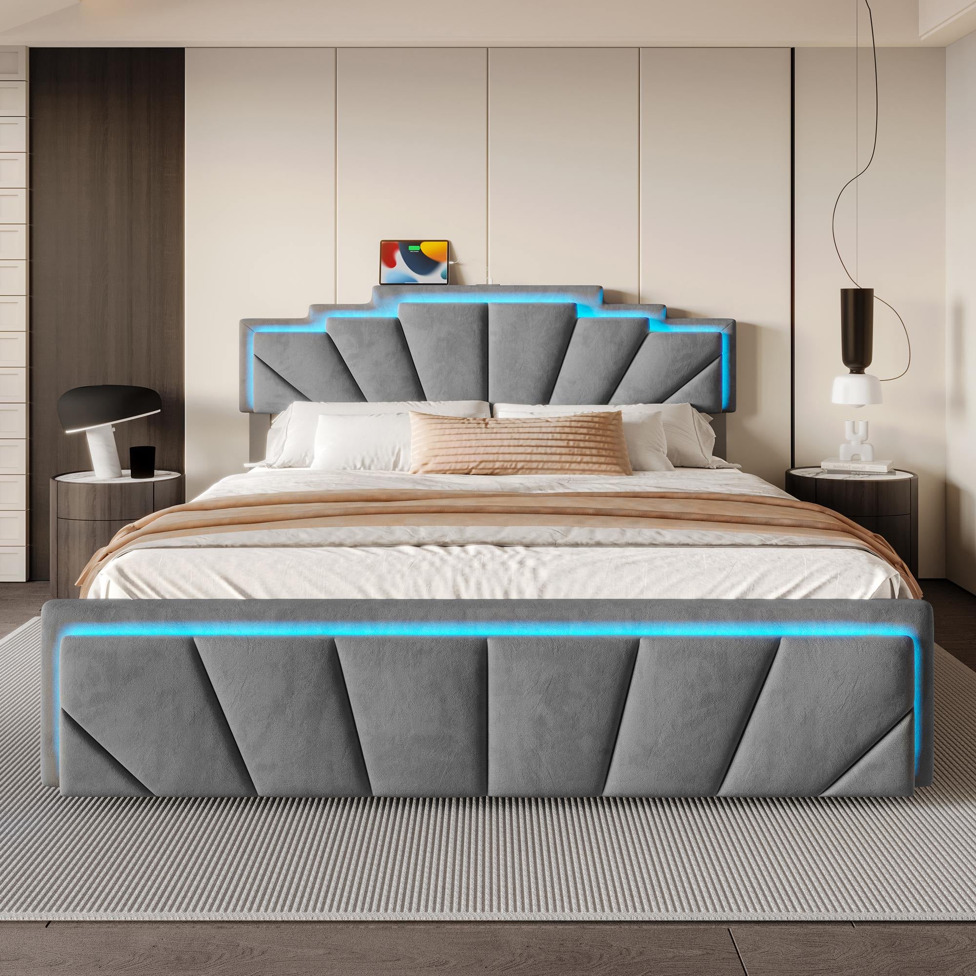 Lit moderne 160x200 cm - Design élégant, tête de lit trapézoïdale, LED ...