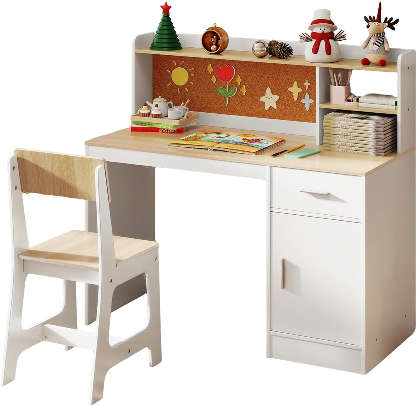 Bureau Enfant avec Chaise, Bureau avec Rangement Étagère Tiroir Armoire ...