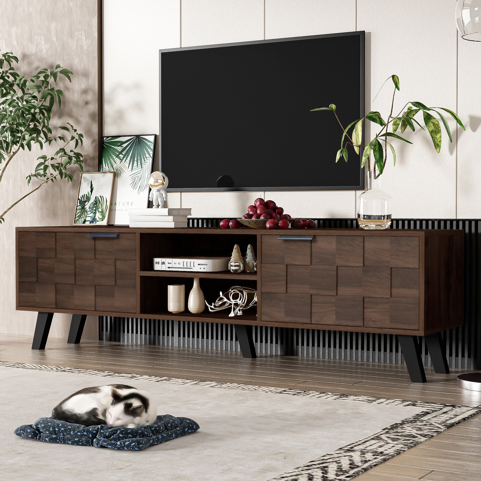 Meuble TV moderne - avec 2 portes et 2 compartiments ouverts - Marron ...